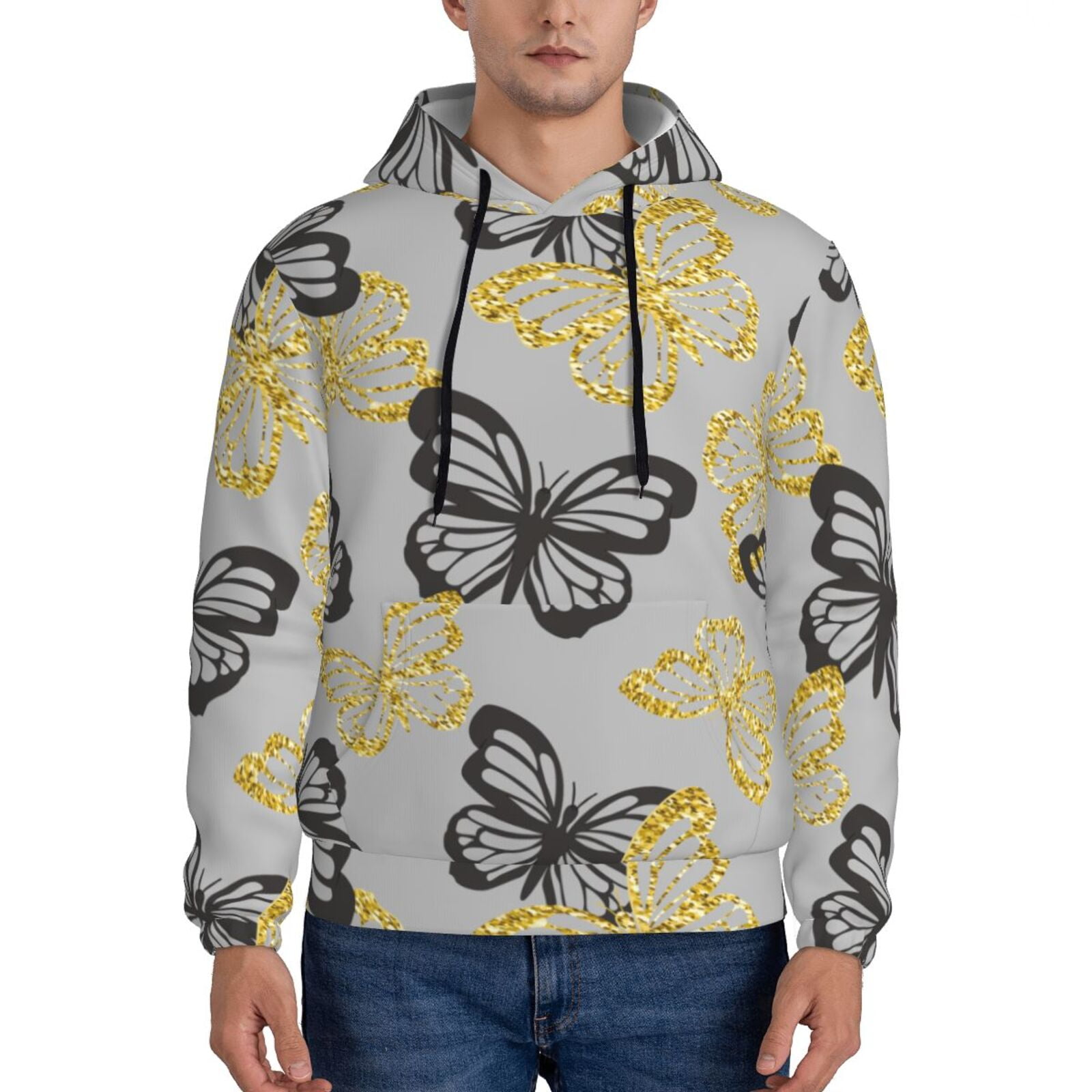 Bingfone Golden Glitter Butterflies Men'S Drawstring Hoodie Long Sleeve ...