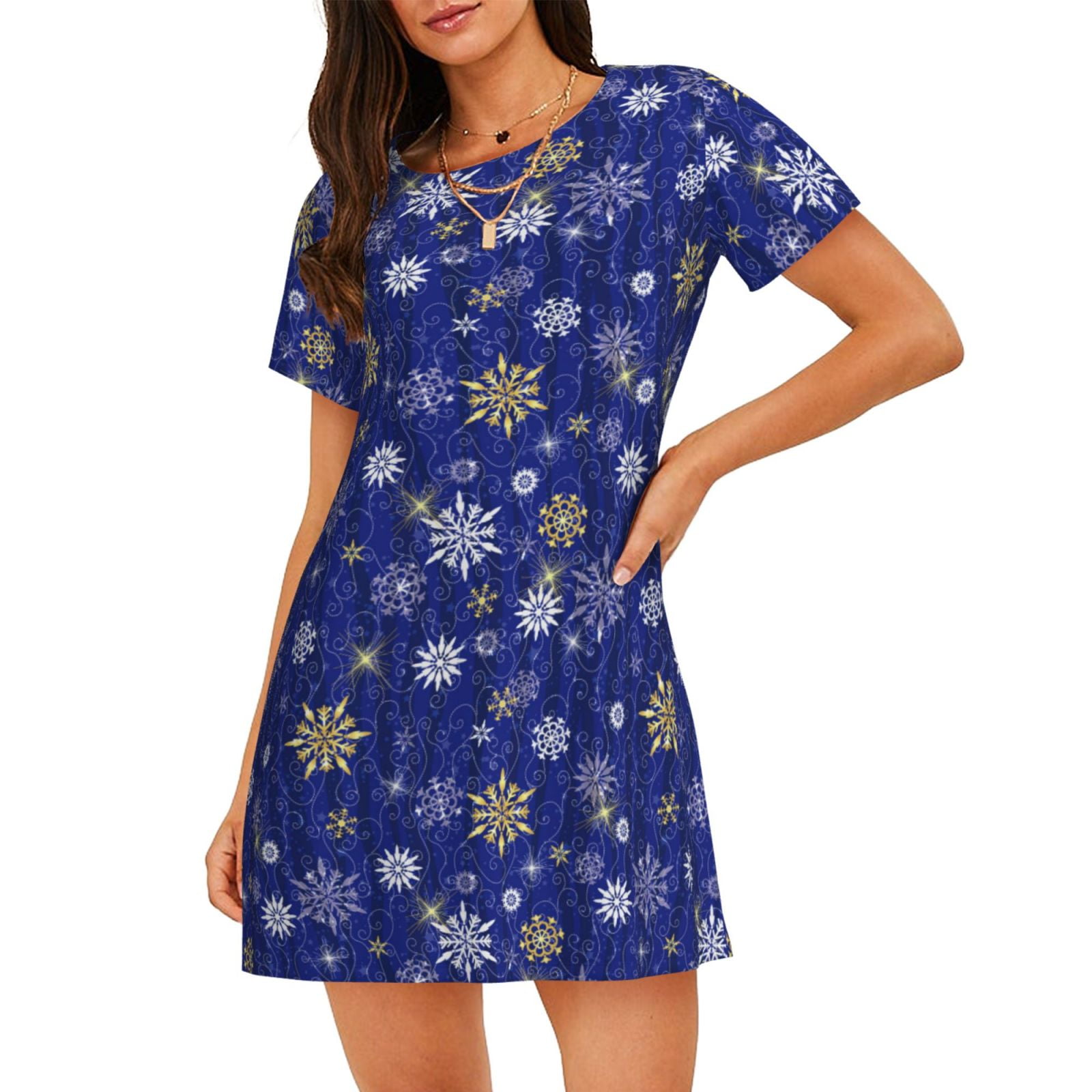 Bingfone Golden Snowflakes Royal Blue Nightgowns for Women Sleep Shirts ...