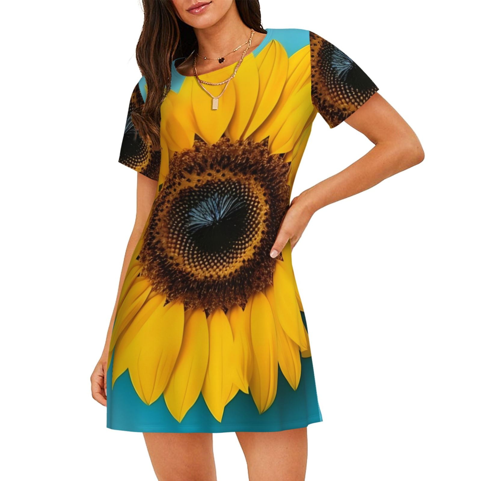 Bingfone Golden Sunflower in Blue Nightgowns for Women Sleep Shirts ...