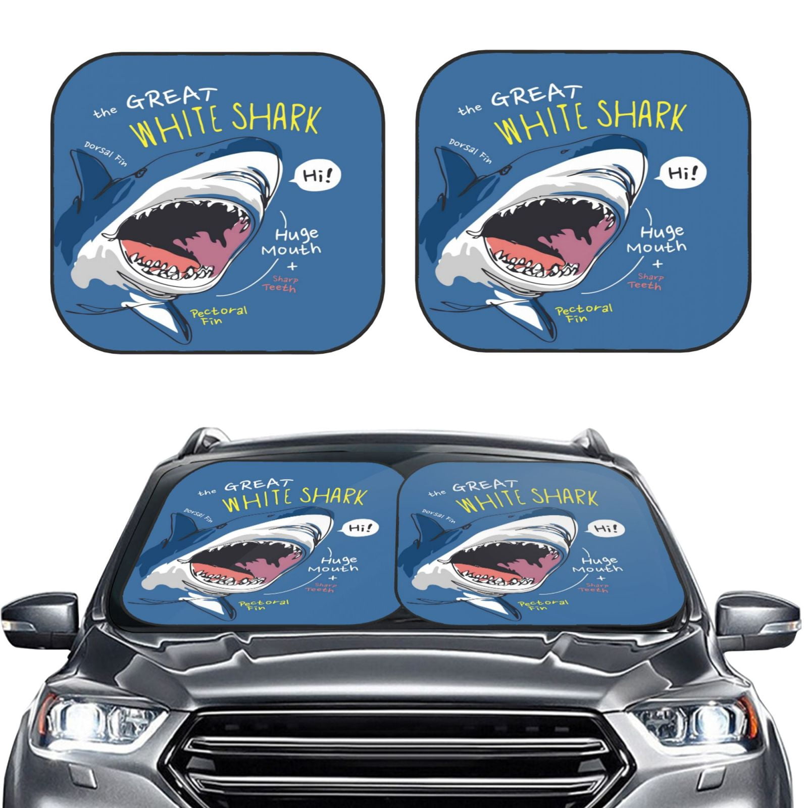 Bingfone Great White Shark Print 2-Piece Sun Shade Front Windshield ...