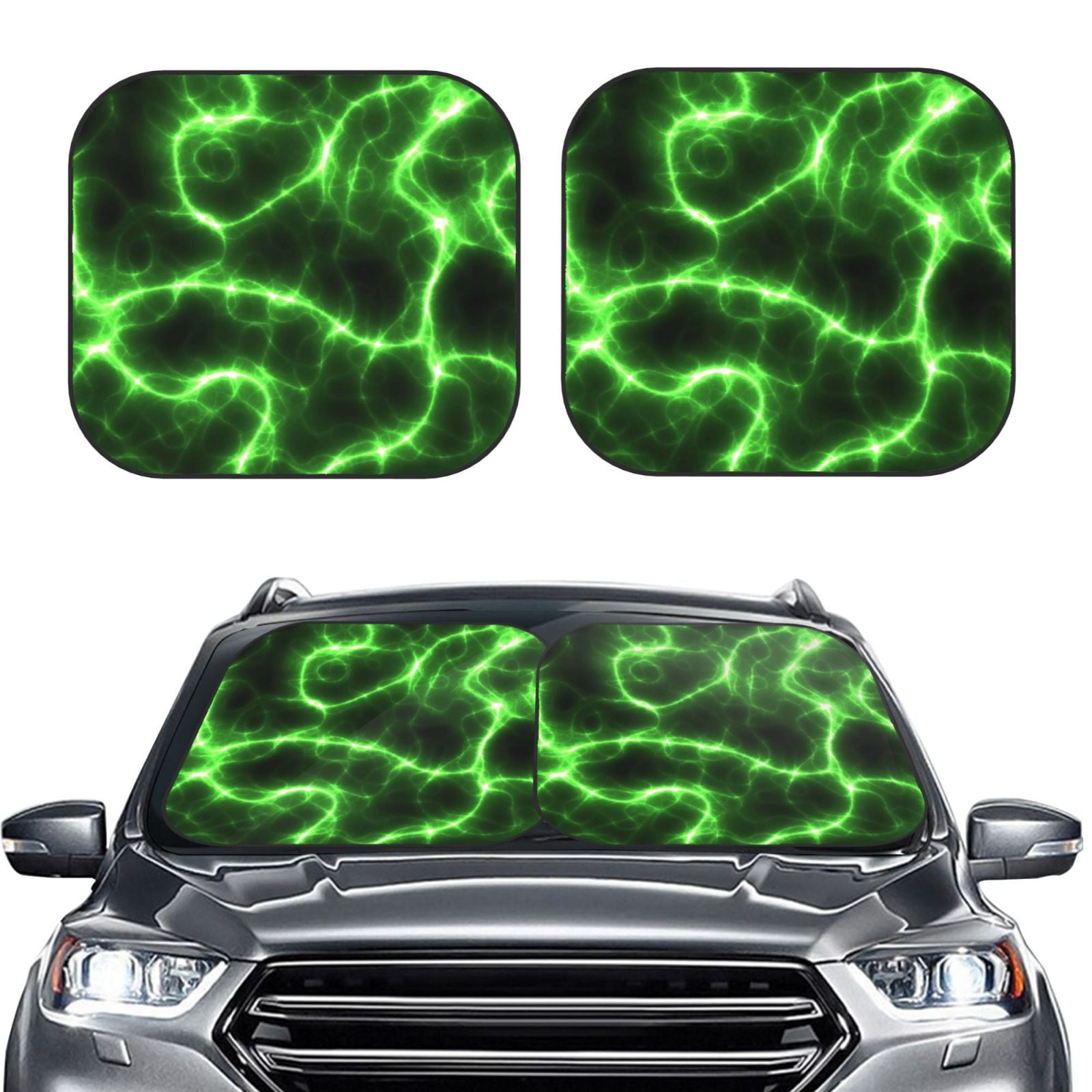 Bingfone Green Lightning Print 2-Piece Sun Shade Front Windshield ...