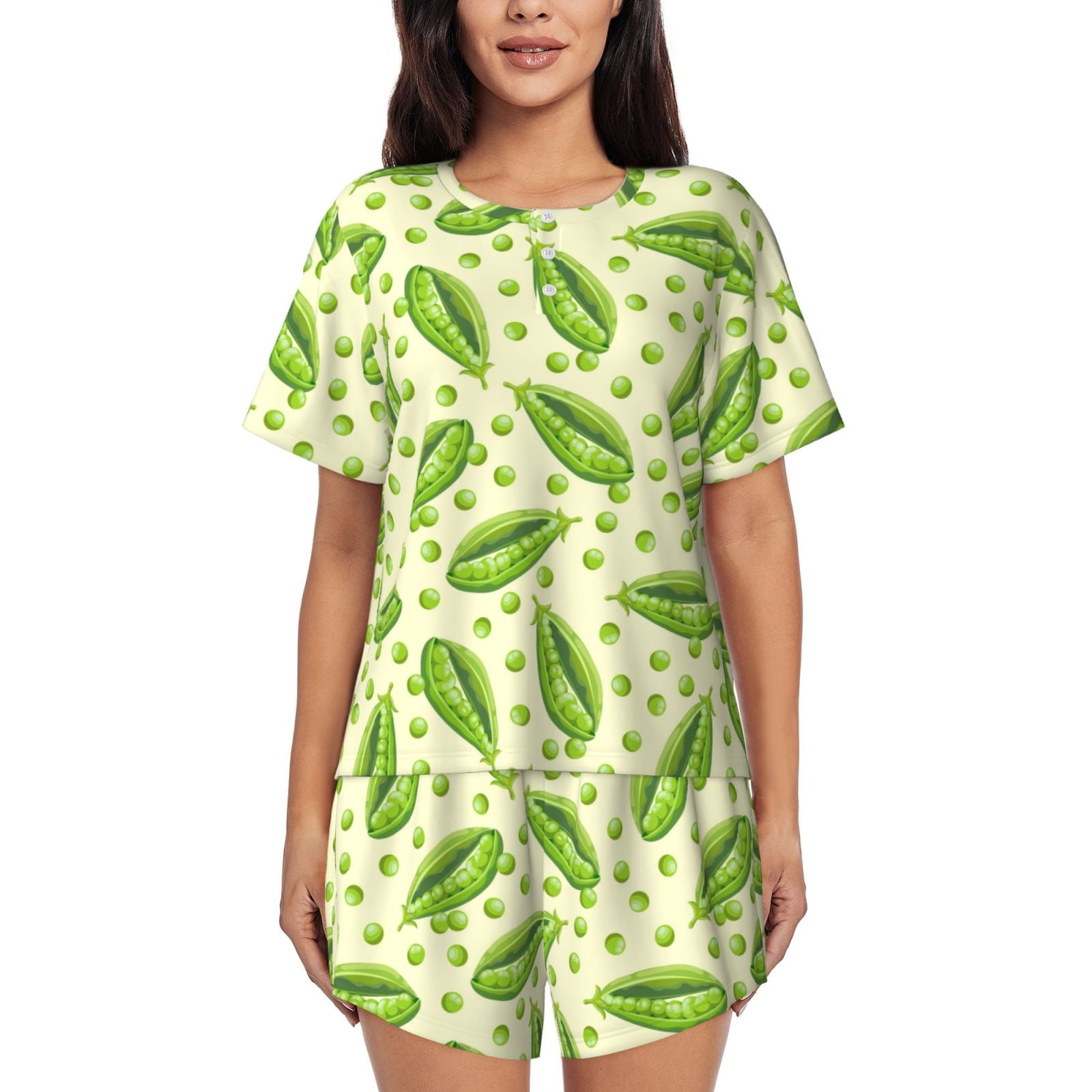 Bingfone Green Peas Print Pajamas Sets for Women Soft Short-Sleeved Pjs ...
