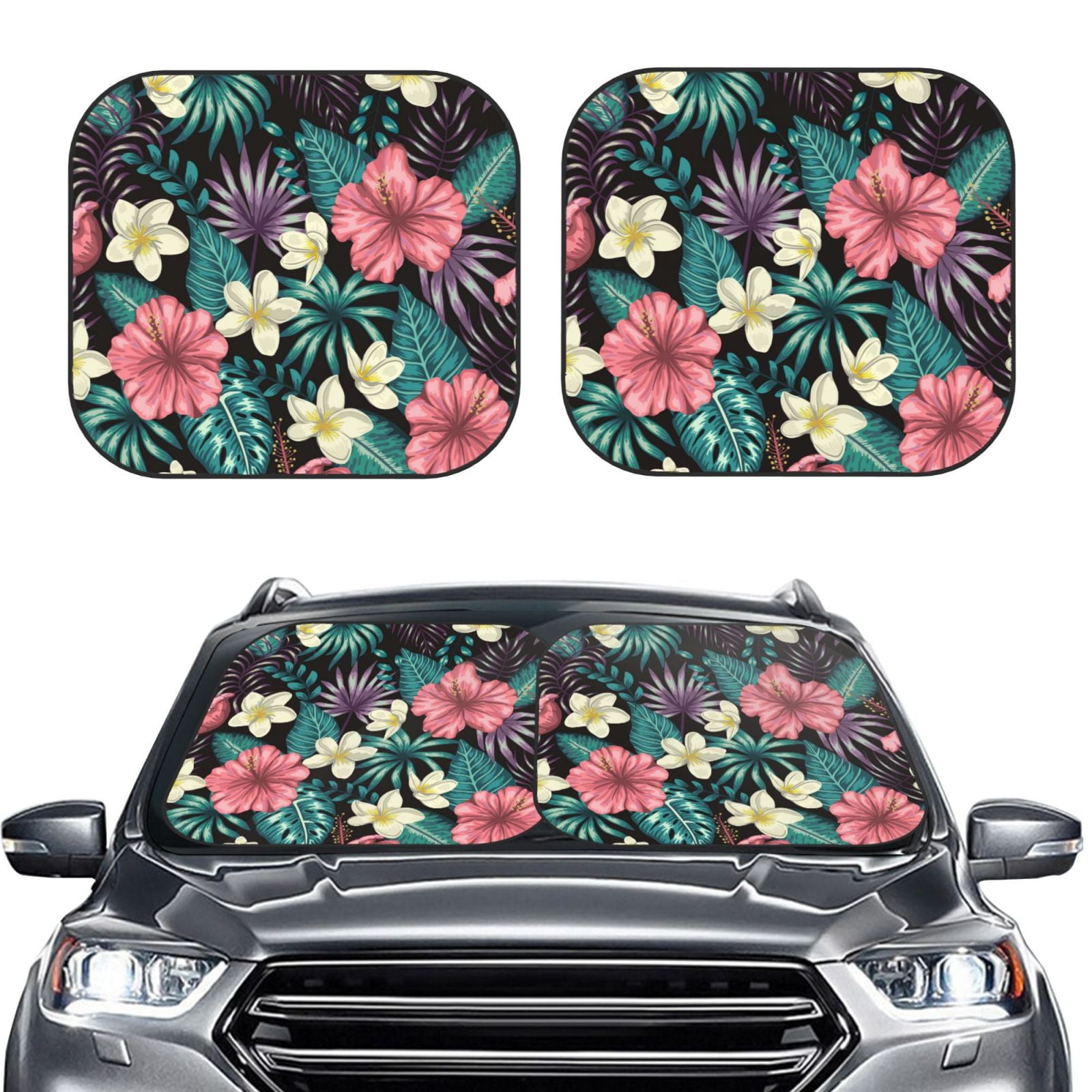 Bingfone Green Tropical Leaves Windshield Sun Shade 2-Piece Foldable ...