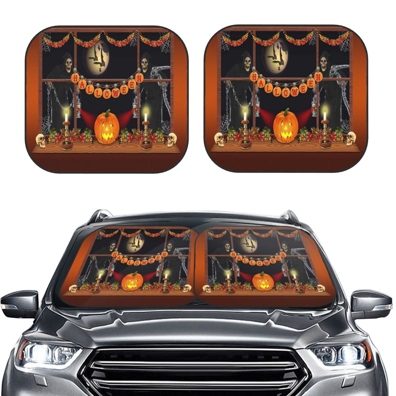 Bingfone Halloween Decoration Print 2-Piece Sun Shade Front Windshield ...