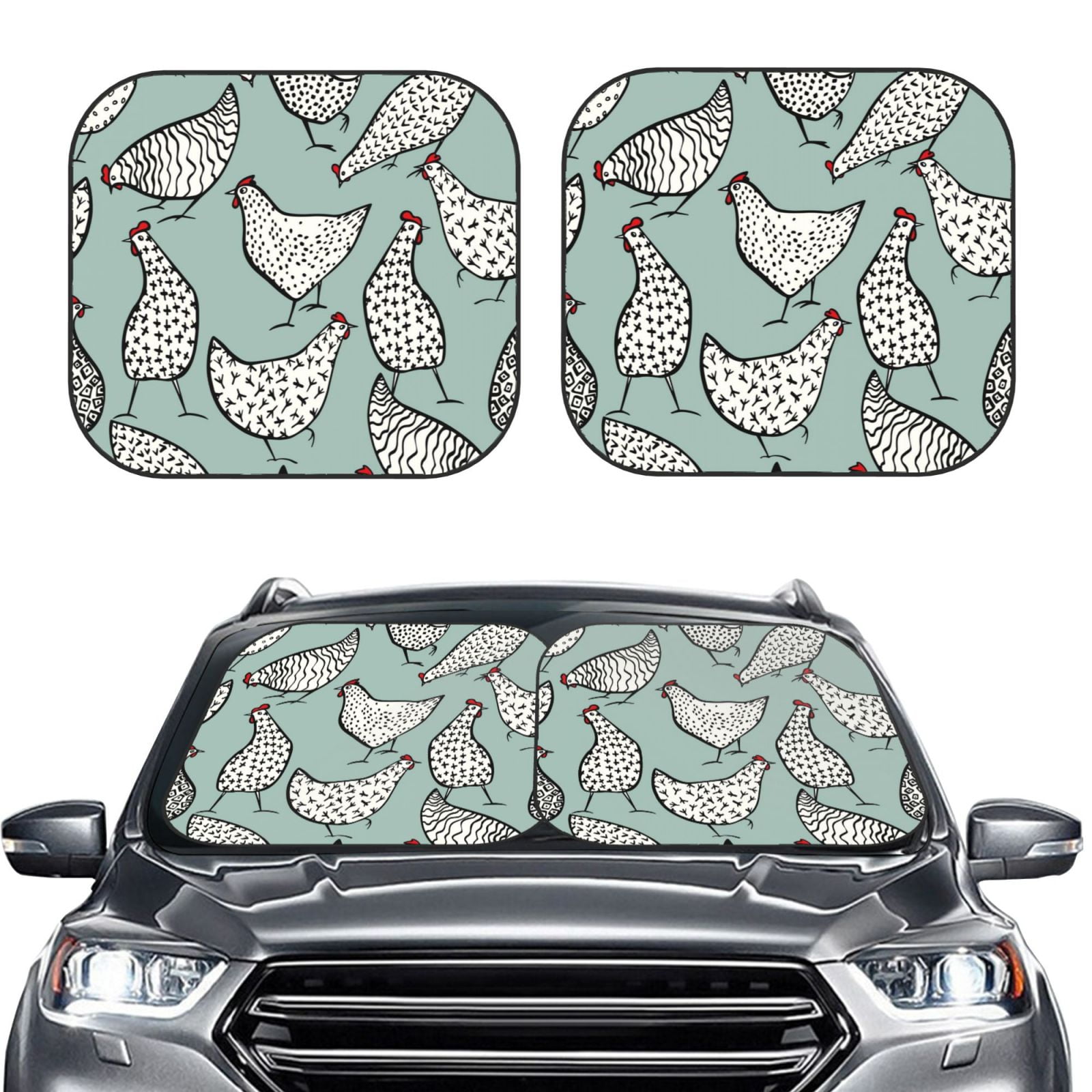 Bingfone Hand Drawn Chickens Print 2-Piece Sun Shade Front Windshield ...
