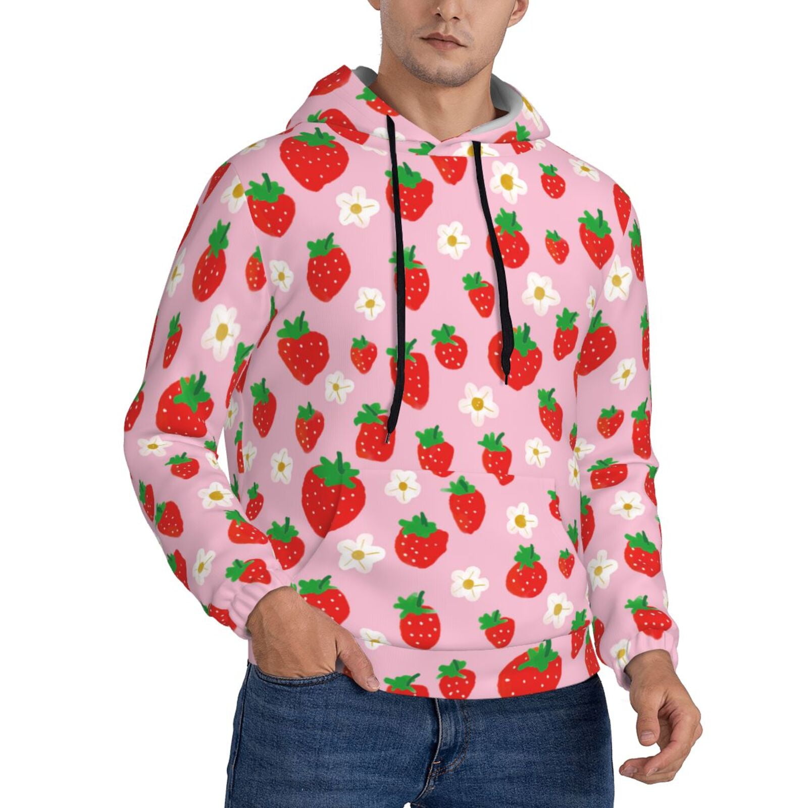 Bingfone Hand Drawn Strawberry Men's Drawstring Hoodie Long Sleeve ...