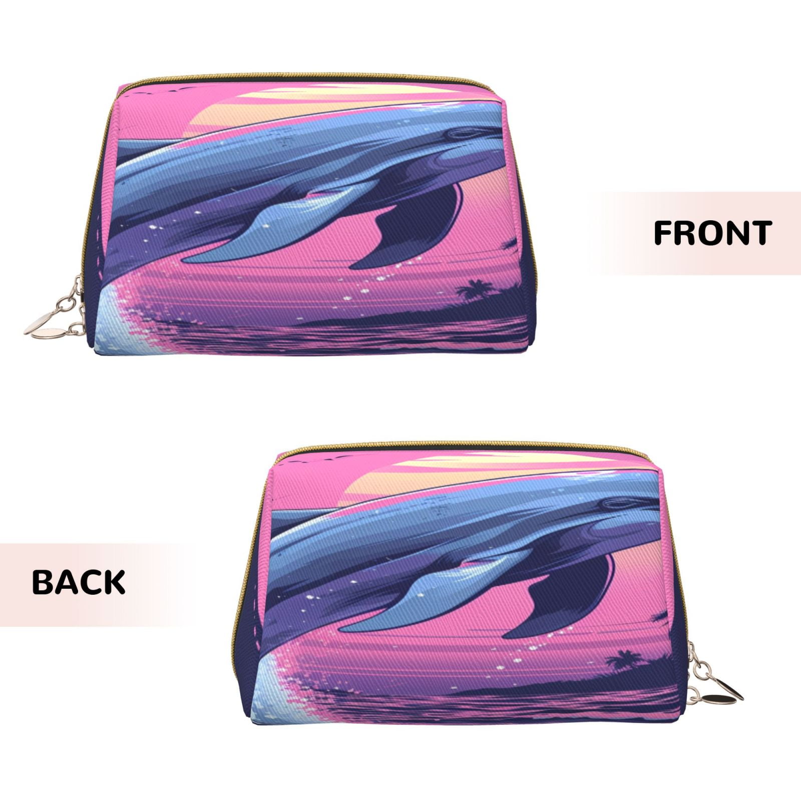 Bingfone Hawaiian Beach Dolphin Print Leather Makeup Bag, Portable Hand ...