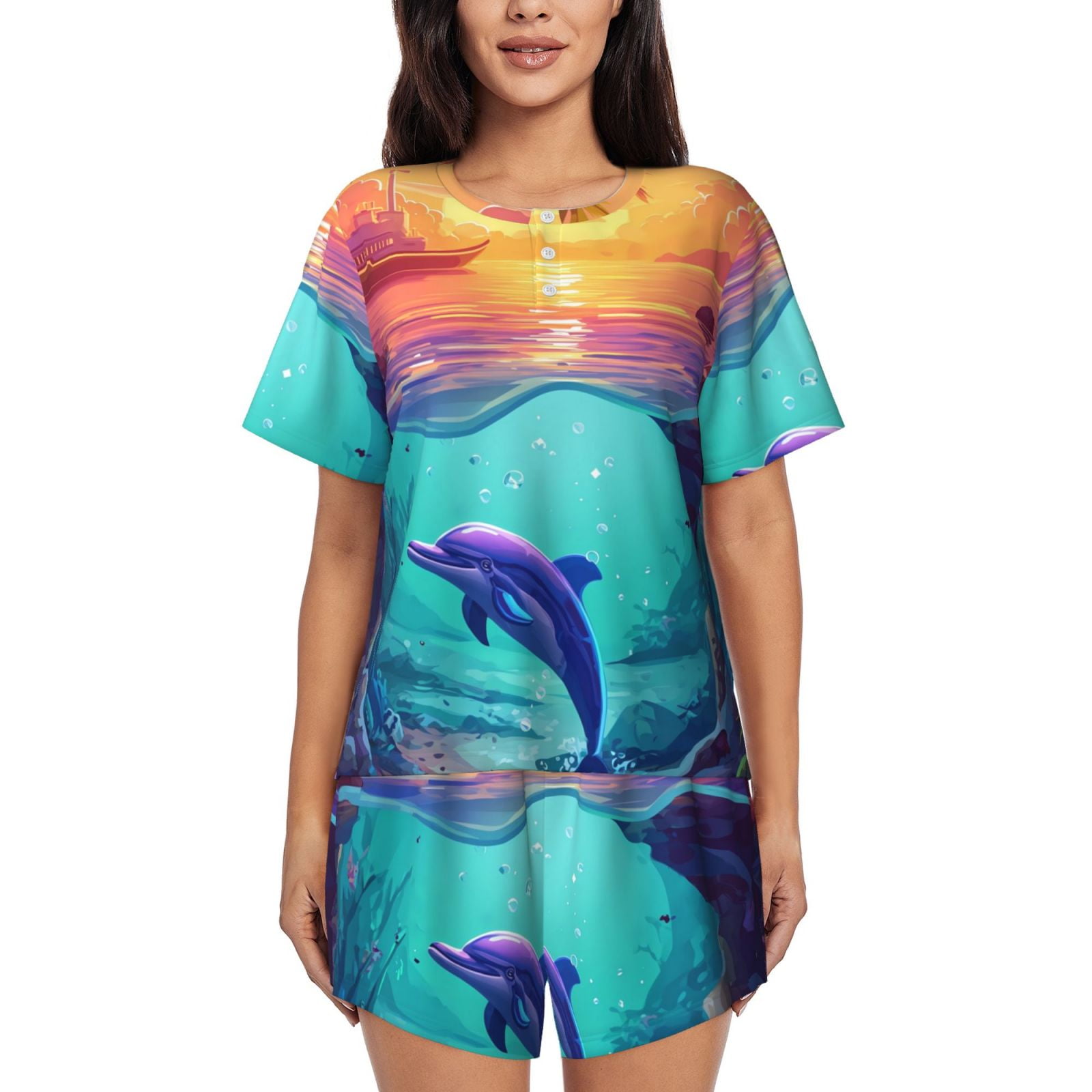 Bingfone Hawaiian Island Dolphin Print Pajamas Sets for Women Soft ...