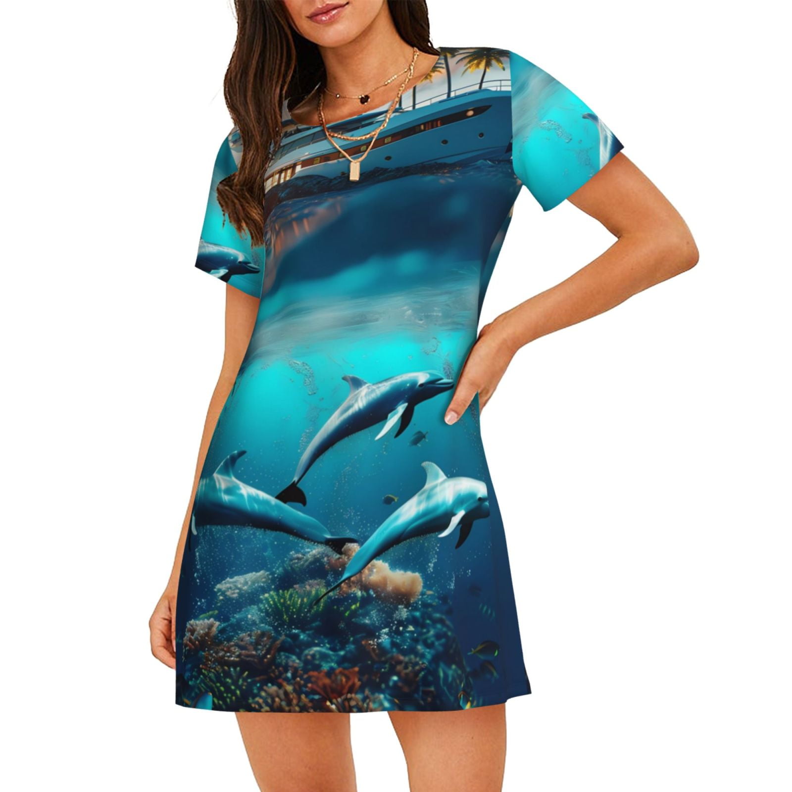 Bingfone Hawaiian Ship Dolphin Nightgowns for Women Sleep Shirts Short ...