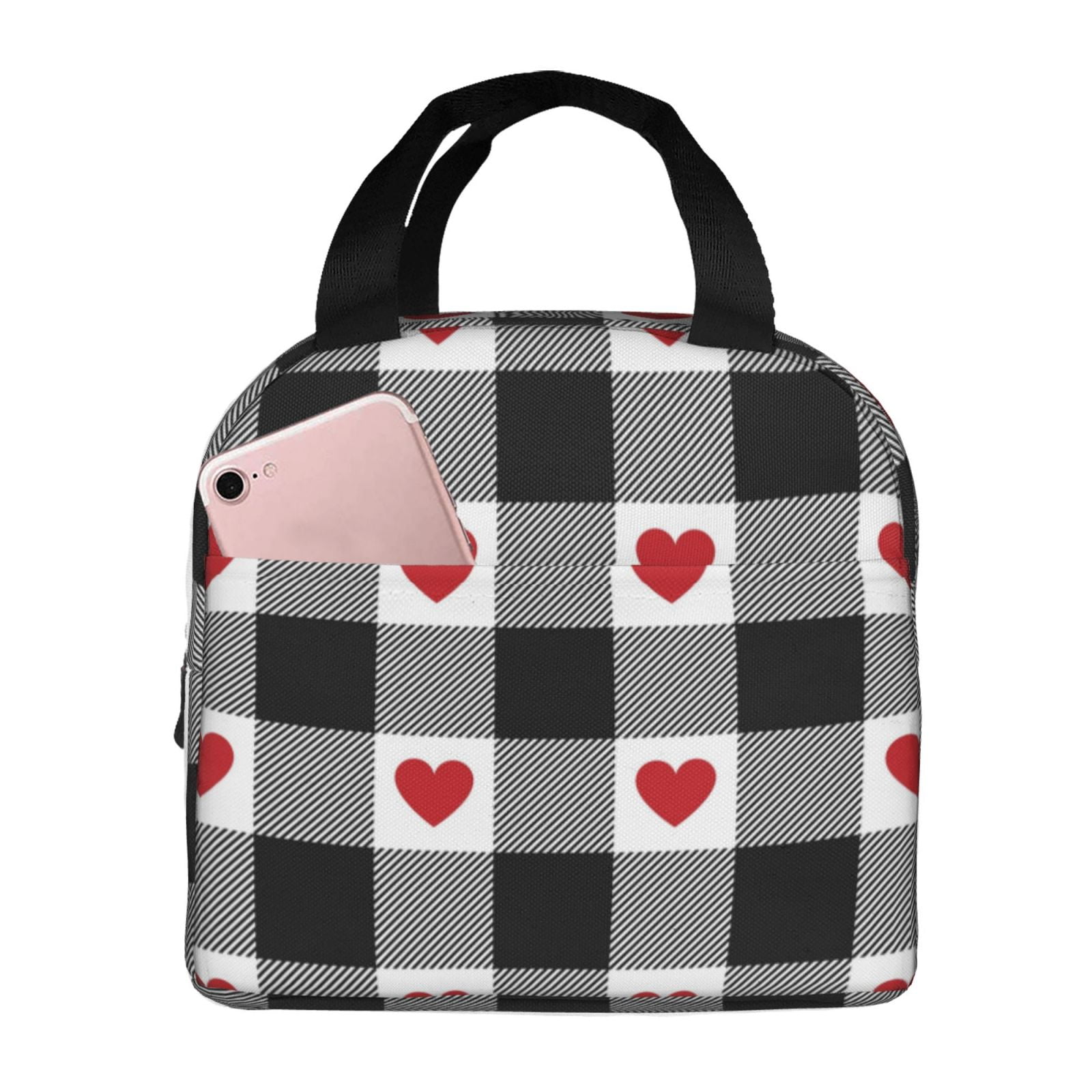 Bingfone Heart Black Buffalo Plaid Gingham Print Lunch Bag Insulated ...
