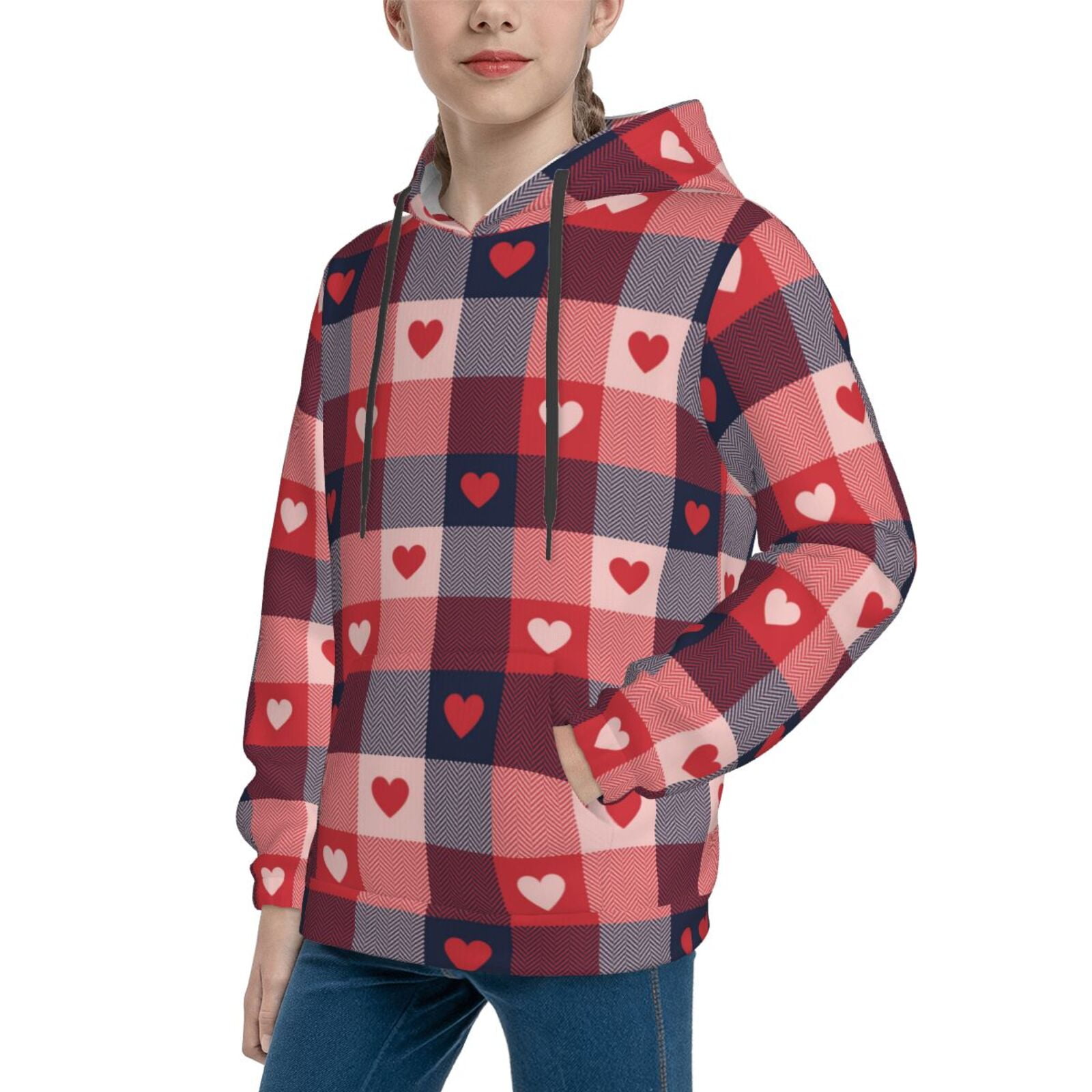 Bingfone Heart Plaid Pattern Youth Classic Hoodies Soft Hooded Pullover ...