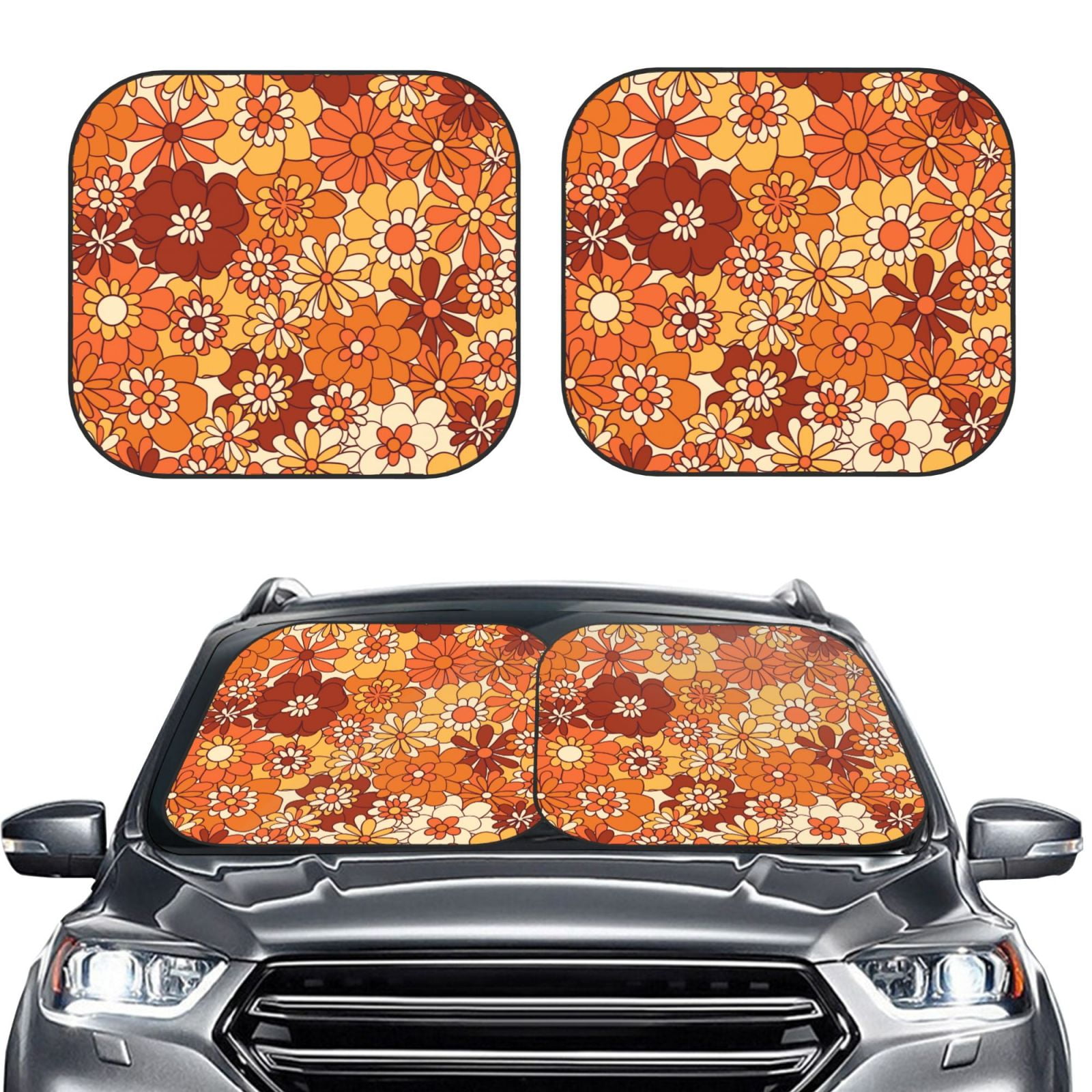 Bingfone Hippie Flower Print 2-Piece Sun Shade Front Windshield ...