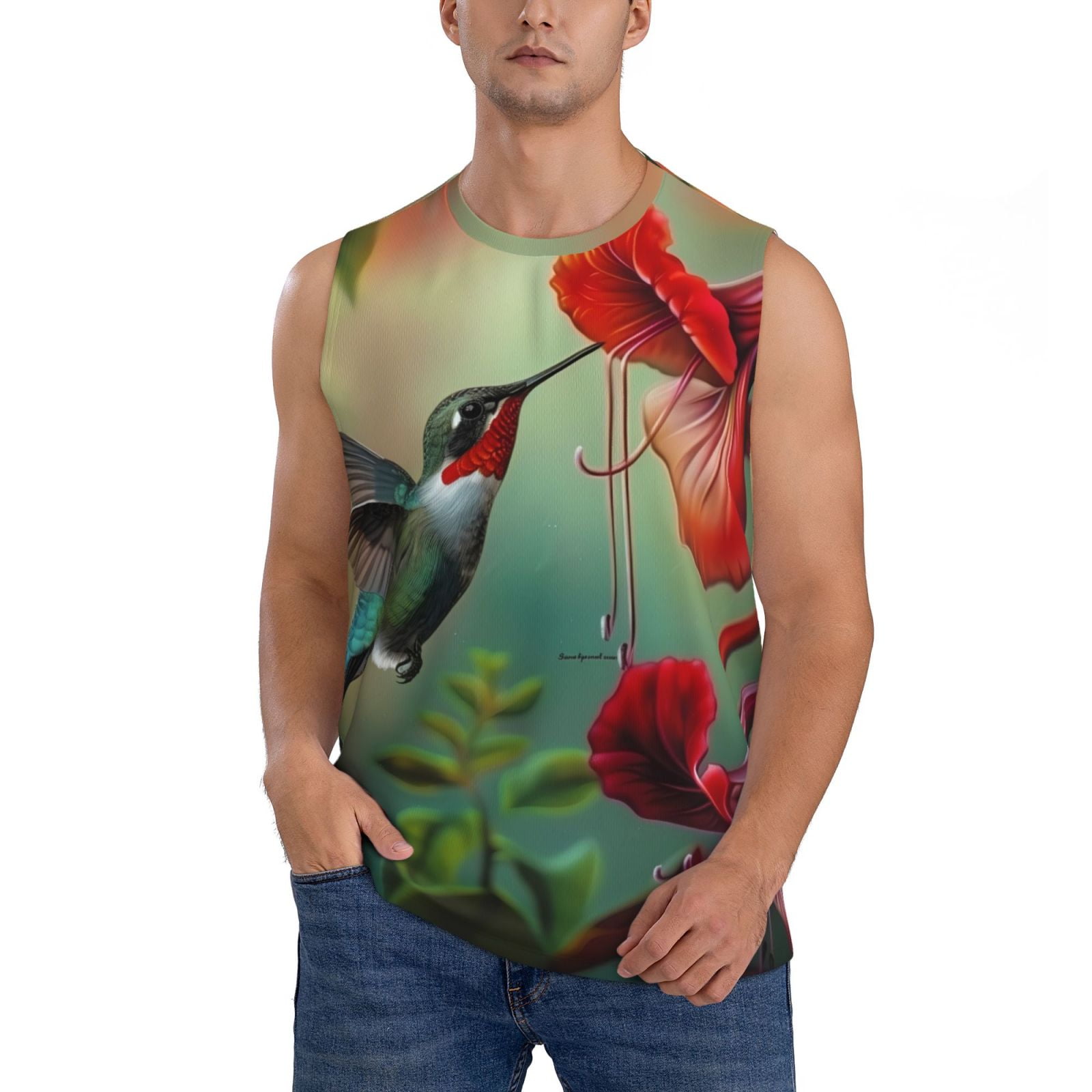Bingfone Hummingbird Floral Paradise Pattern Men's Tank Tops Workout ...