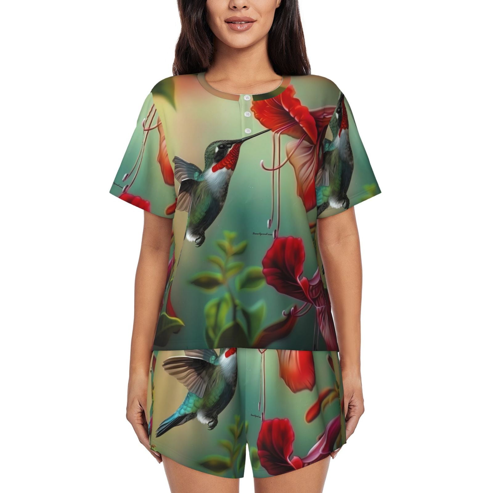 Bingfone Hummingbird Floral Paradise Print Pajamas Sets for Women Soft ...