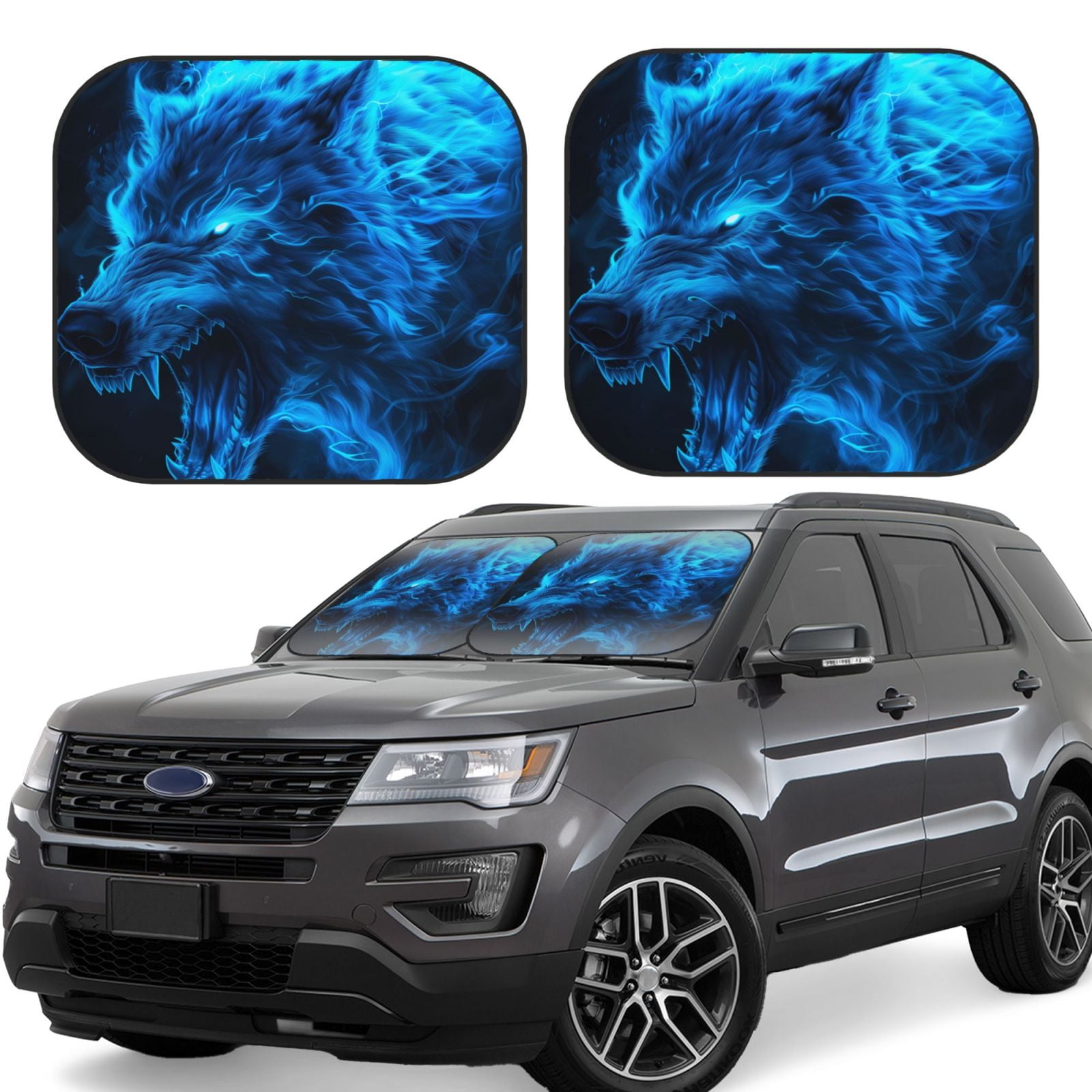 Bingfone Ice Blue Fire Wolf Windshield Sun Shade 2-Piece Foldable Car ...