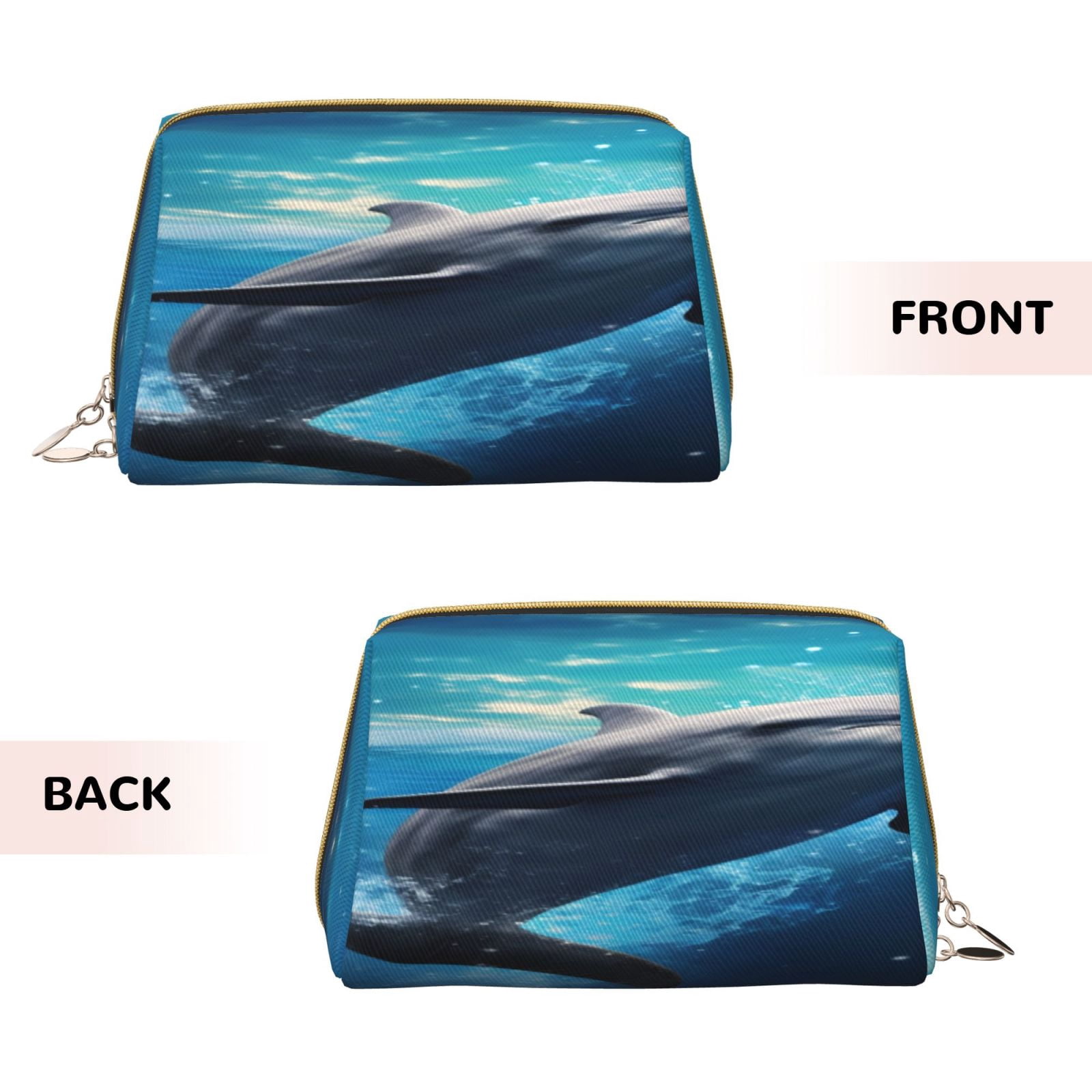 Bingfone Ice Blue Ocean Cute Dolphin Print Leather Makeup Bag, Portable ...