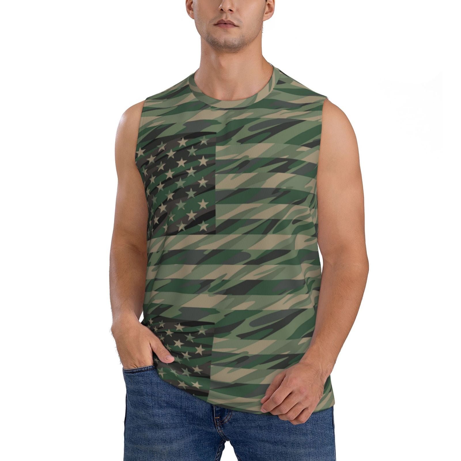 Bingfone Jungle Green Camo USA Flag Pattern Men's Tank Tops Workout ...