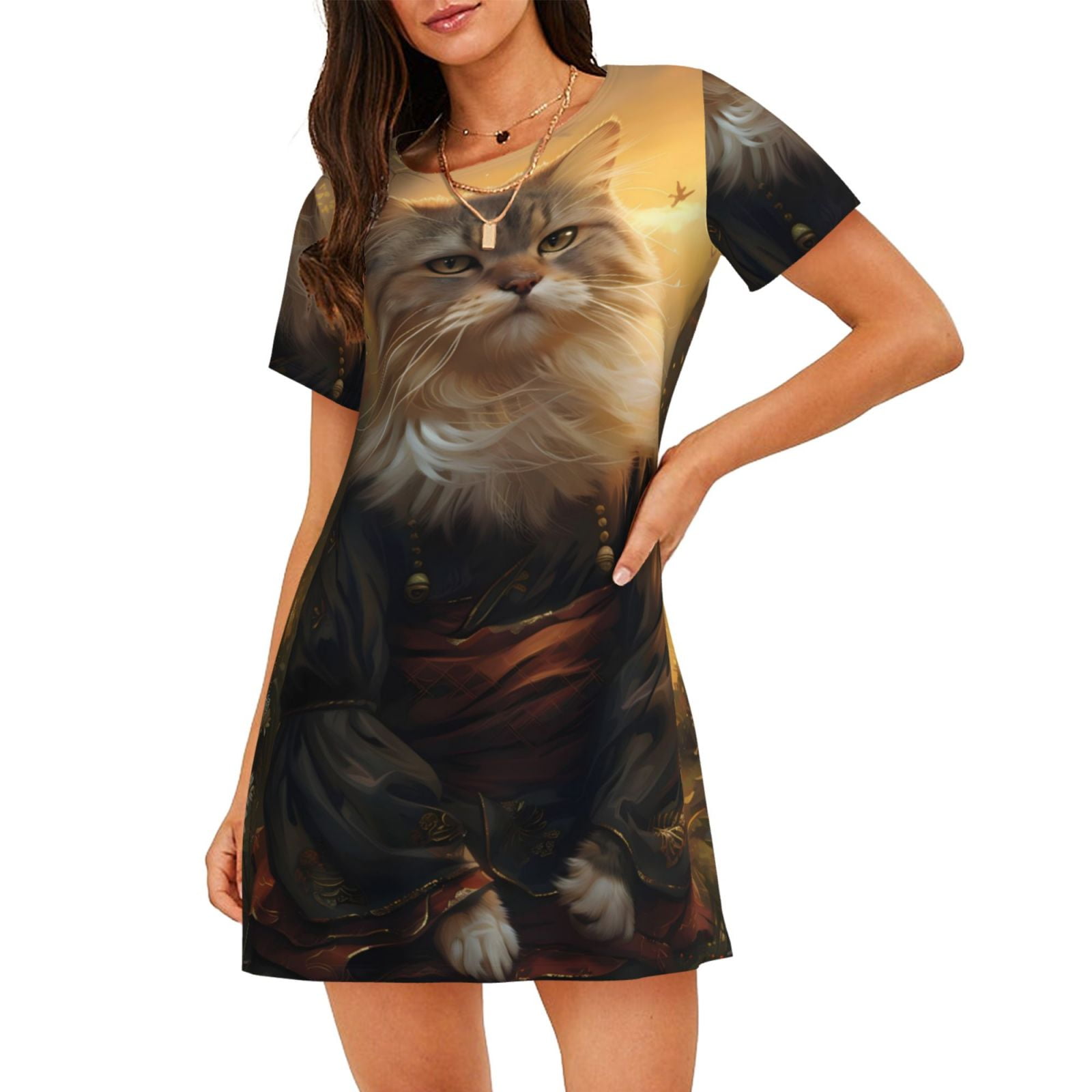 Bingfone Lakeside Flower Field Cat Nightgowns for Women Sleep Shirts ...