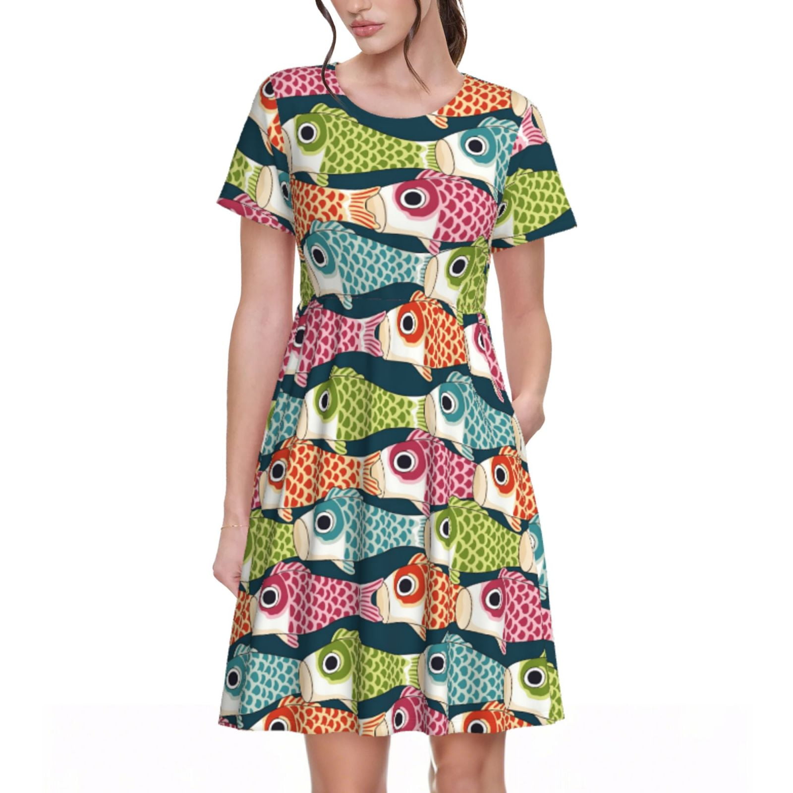 Bingfone Lantern Koi Fish Print Women’s Short Sleeve Dress, Comfortable ...