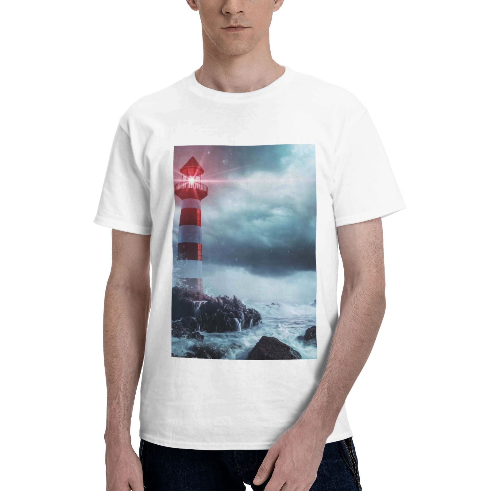 Bingfone Lighthouse In A Stormy Sea Men'S Loose Fit Short-Sleeve Pocket ...