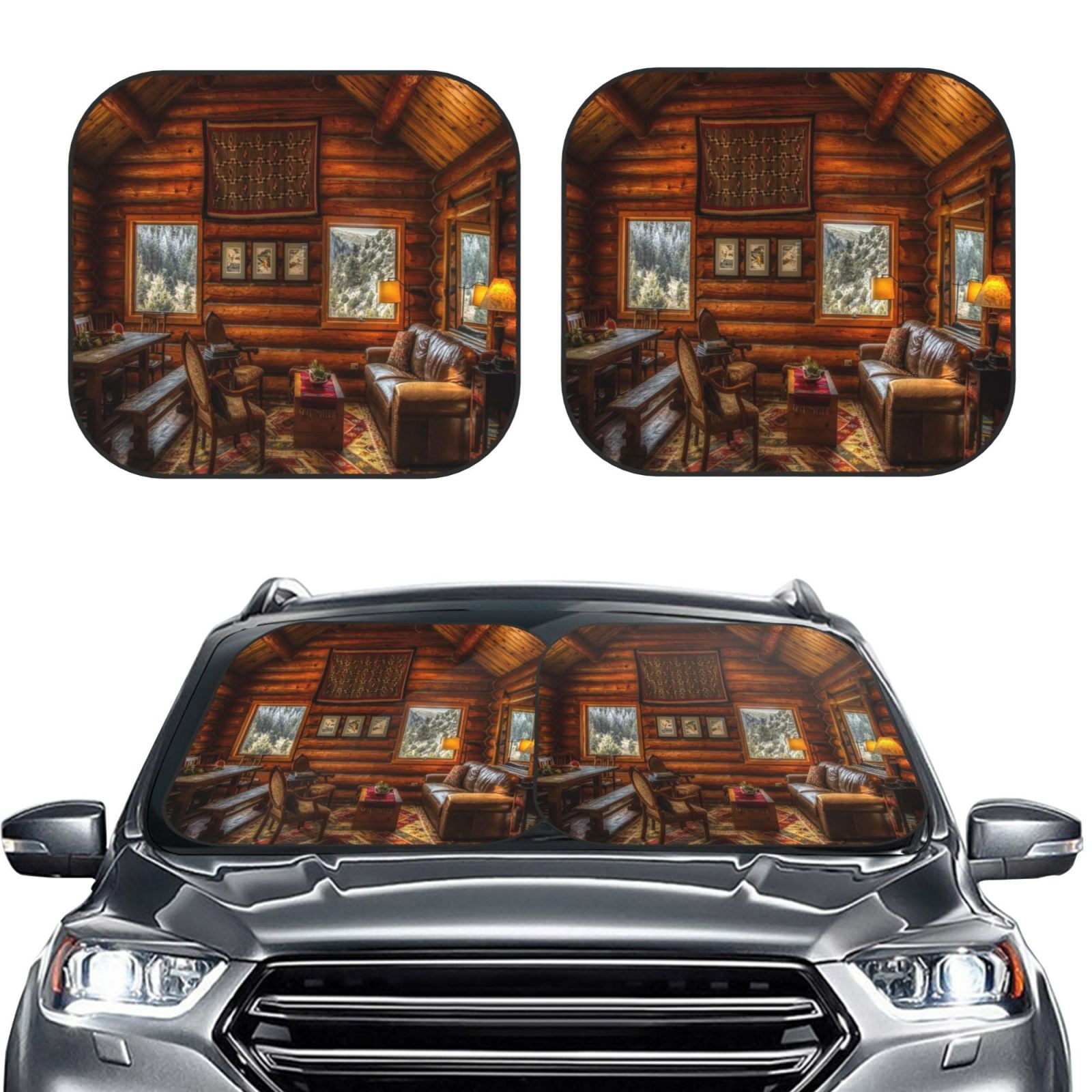 Bingfone Log Cabin Inside Print 2-Piece Sun Shade Front Windshield ...