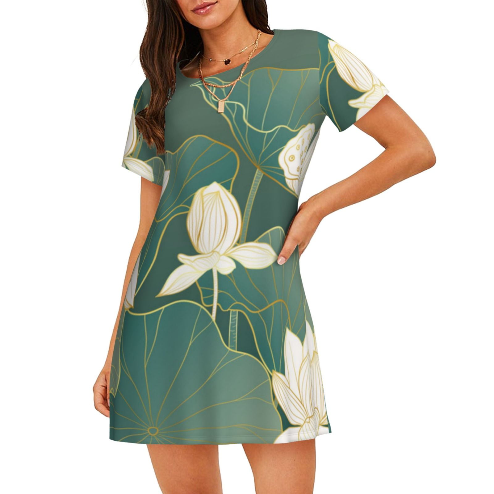 Bingfone Lotus Golden Line Nightgowns for Women Sleep Shirts Short ...