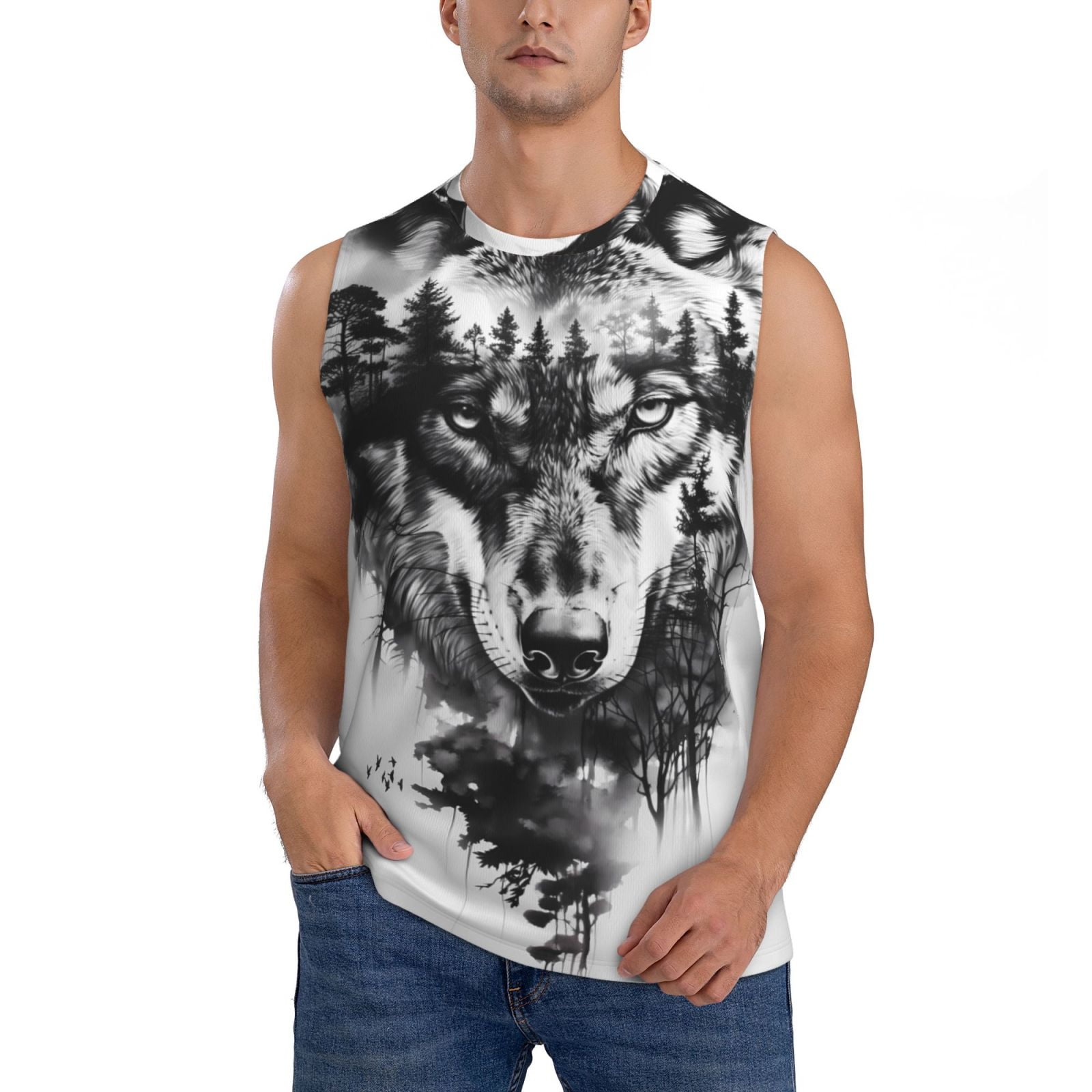 Bingfone Majestic Wolf Landscape Pattern Men's Tank Tops Workout ...
