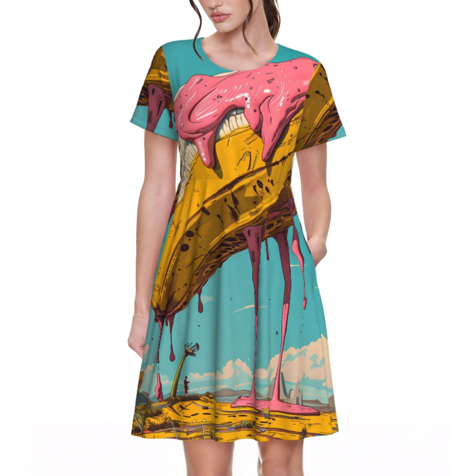 Bingfone Melting Banana Fantasy Print Women’s Short Sleeve Dress ...