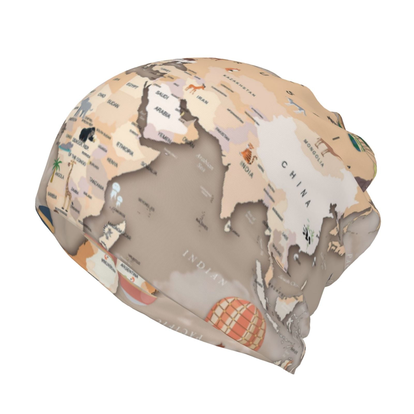 Bingfone Men Women Slouch Beanie World Map With Animals Print Cap Hip ...