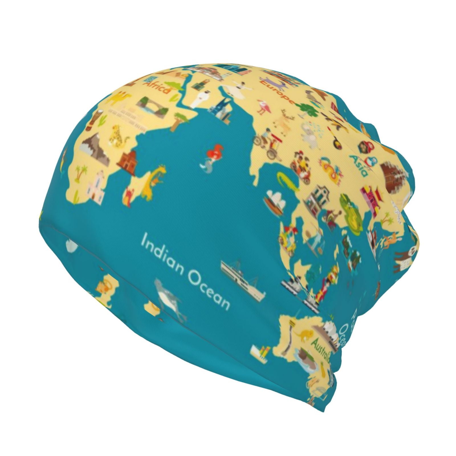 Bingfone Men Women Slouch Beanie World Map With Landmarks Print Cap Hip ...