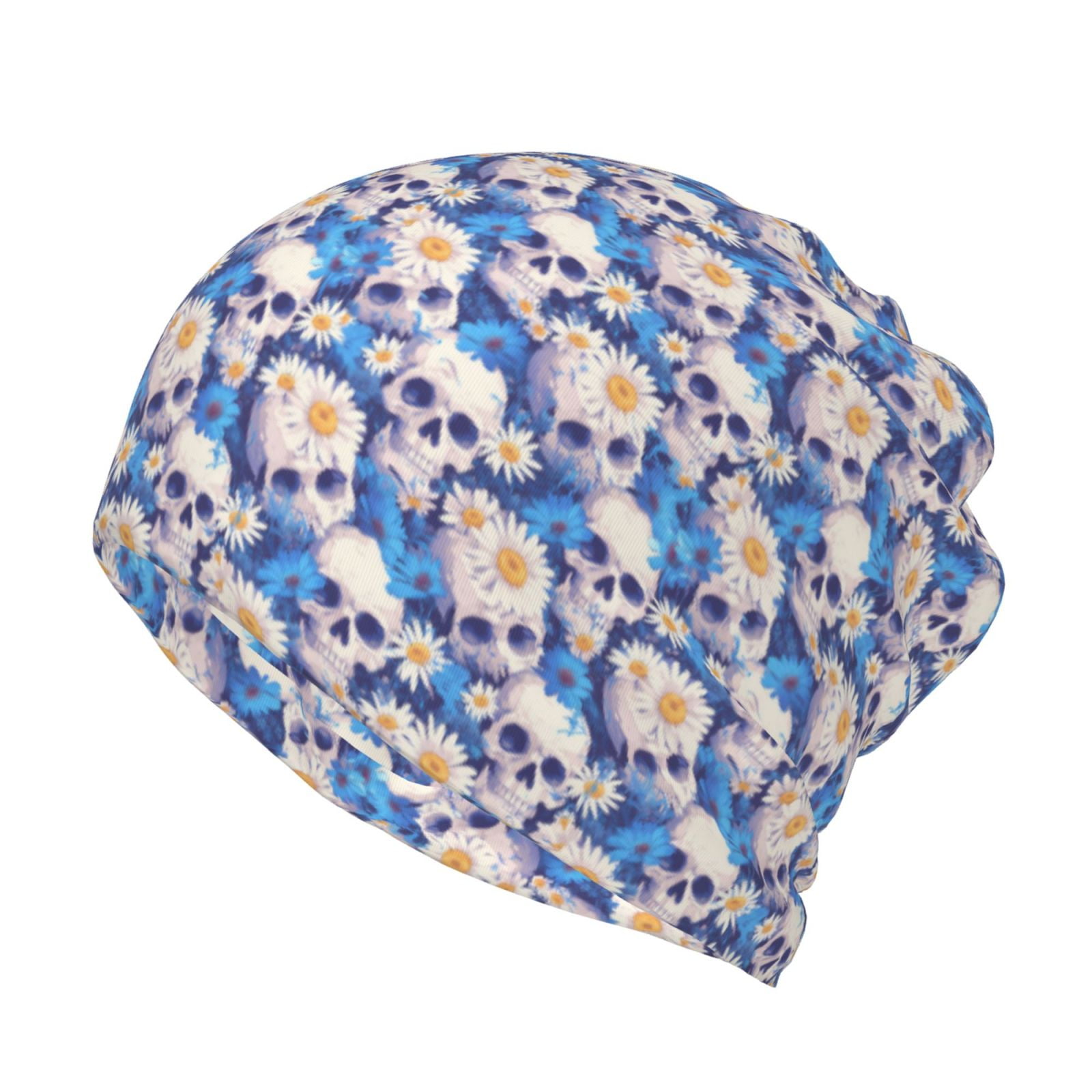 Bingfone Men Women Slouch Beanie white Skull blue daisy Print Cap Hip ...