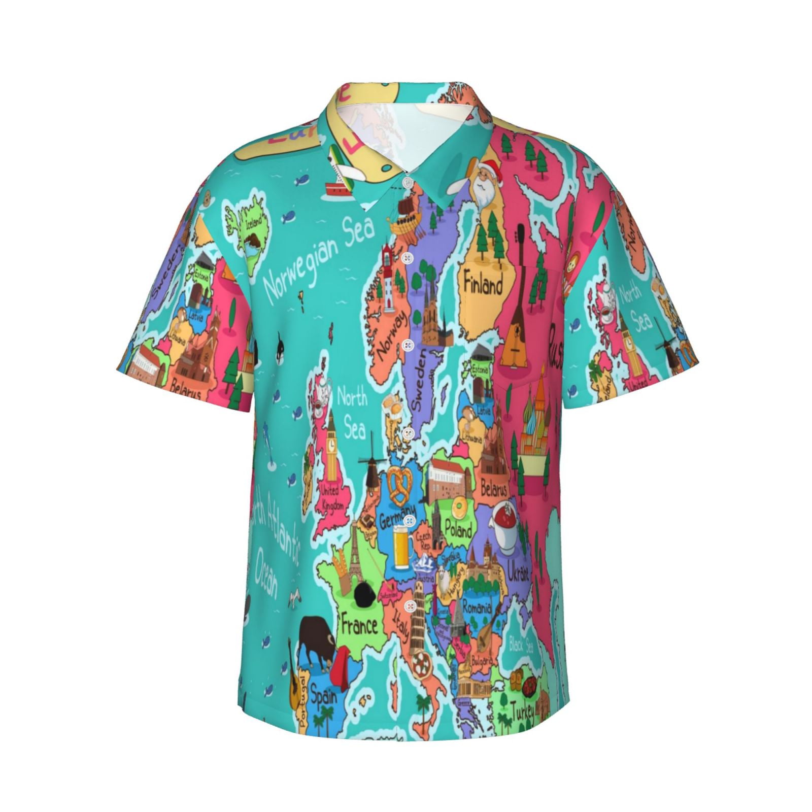 Bingfone Men'S Short Sleeve Button Down Shirts Hawaiian Cartoon Map Of ...