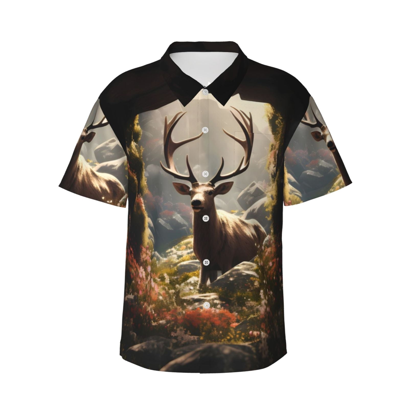 Bingfone Men's Short Sleeve Button Down Shirts Hawaiian Enchanted Deer ...