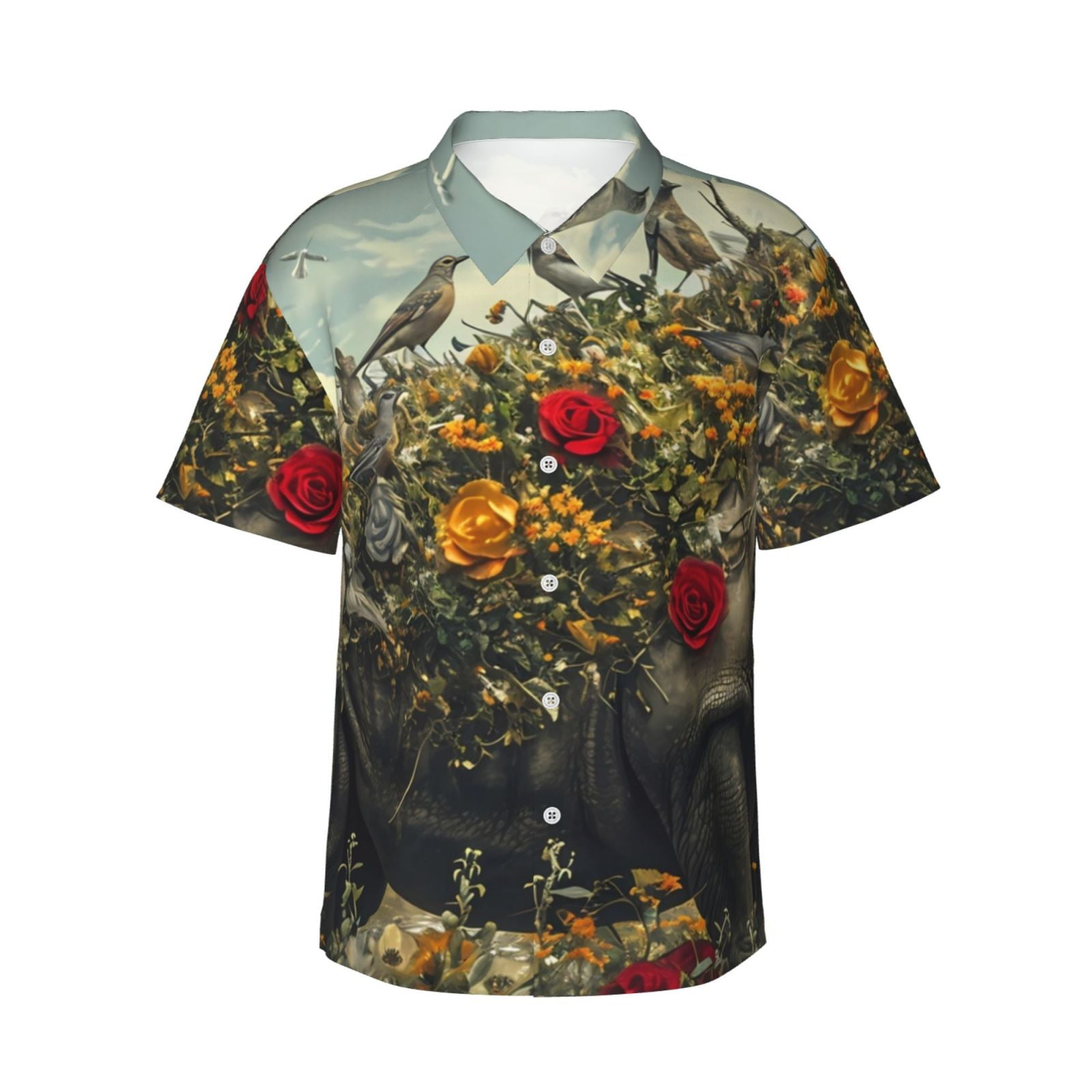Bingfone Men's Short Sleeve Button Down Shirts Hawaiian Floral Rhino With Birds Printed Beach ...