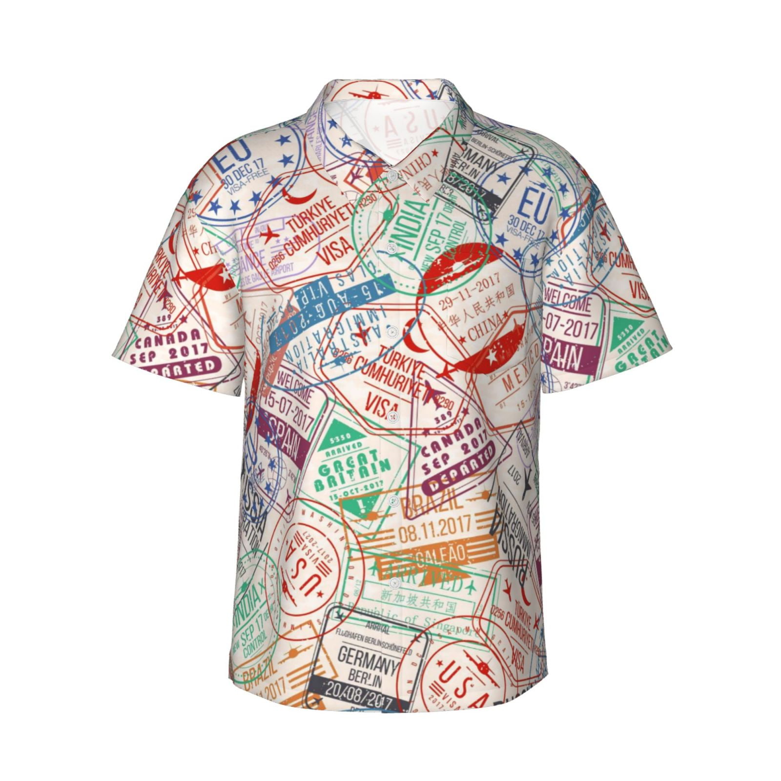 Bingfone Men's Short Sleeve Button Down Shirts Hawaiian Passport Stamp ...