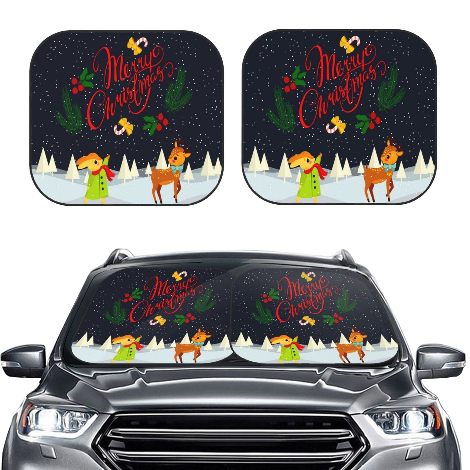 Bingfone Merry Christmas Elk Print 2-Piece Sun Shade Front Windshield ...