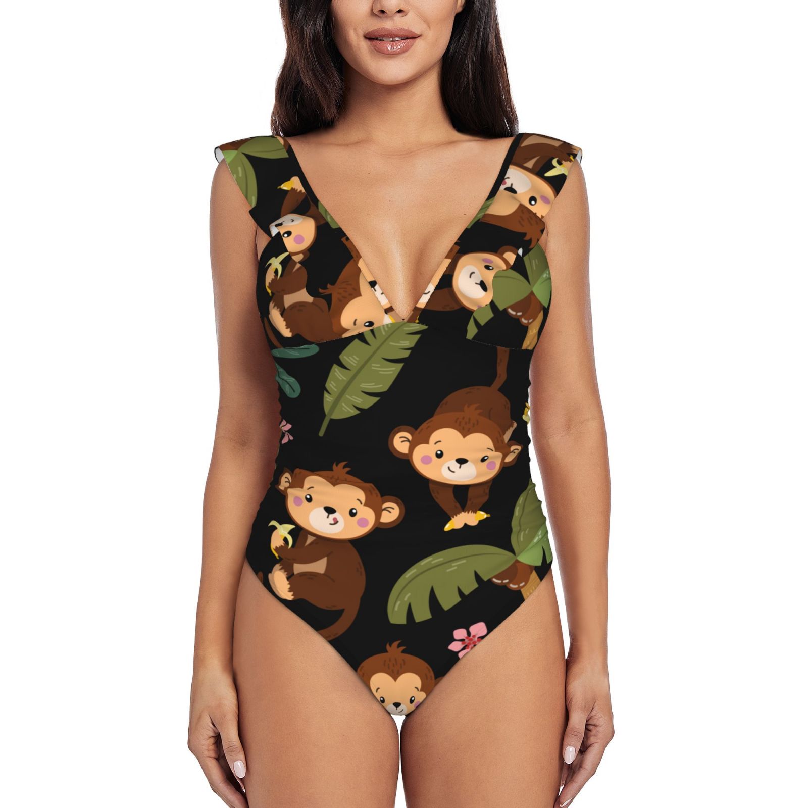 Bingfone Monkeys Swinging from Palms Print Women Ruffle One Piece Swimsuit Flounce Sleeve ...