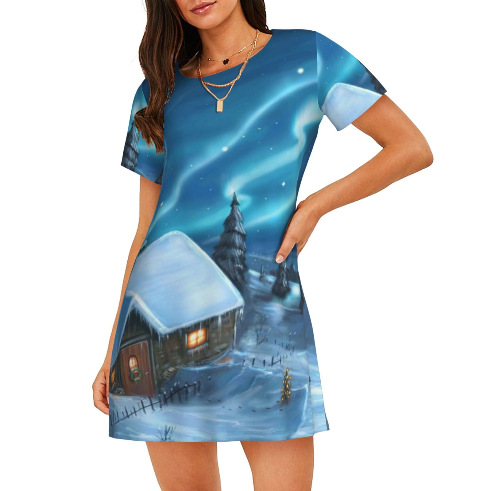 Bingfone Mountain Cottage In Snow Nightgowns for Women Sleep Shirts ...