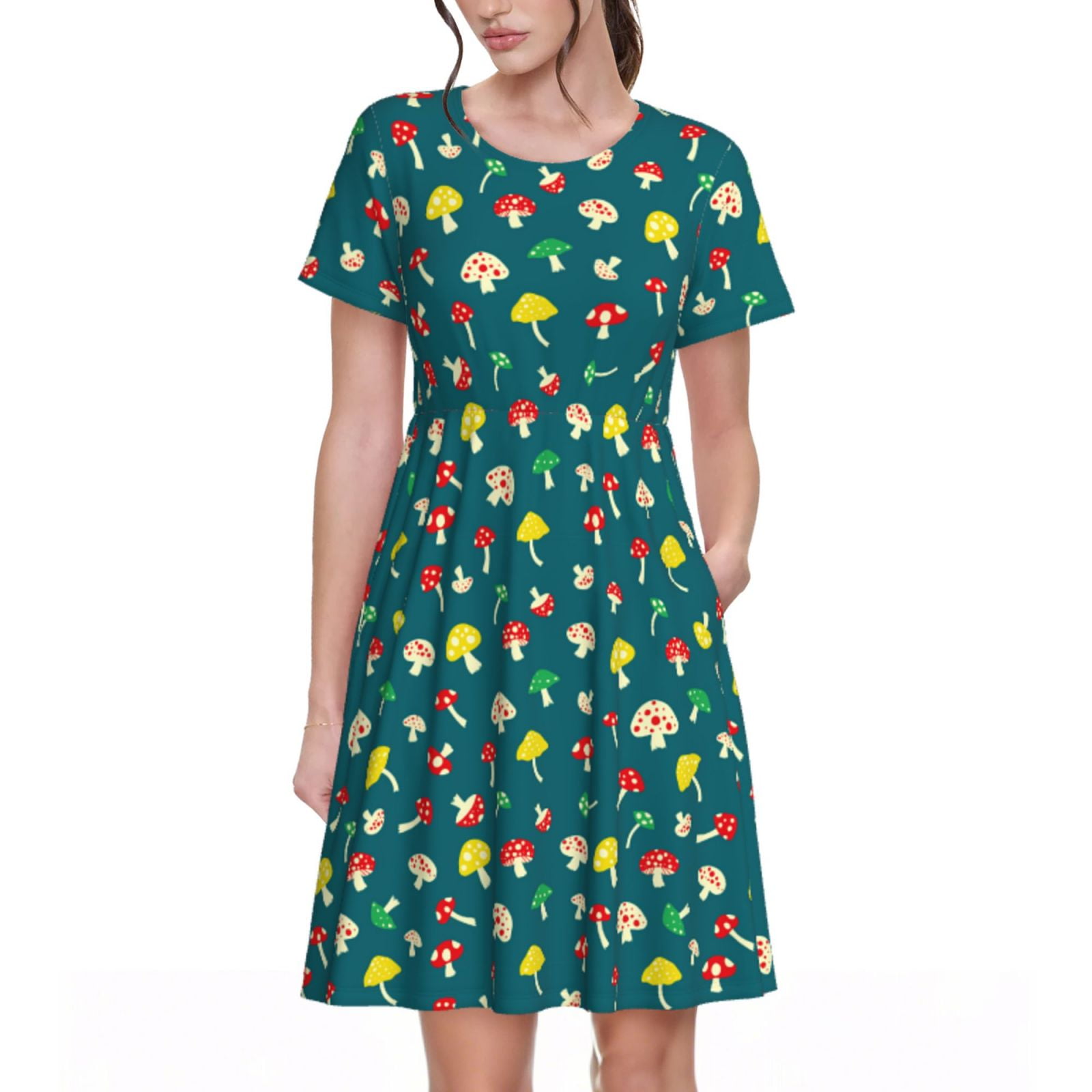 Bingfone Mushrooms Print Women’s Short Sleeve Dress, Comfortable Casual ...