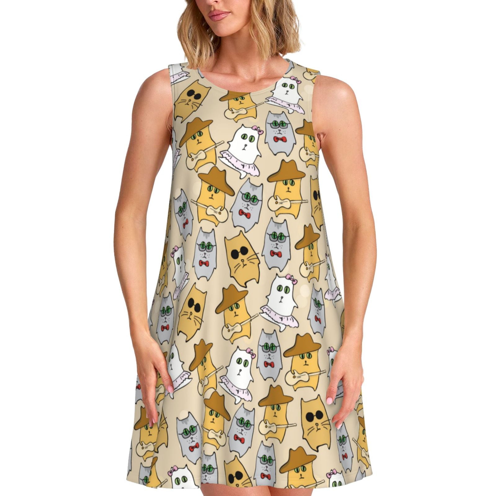Bingfone Music Dancing Cat Print Women's Sleeveless Dress, Loose Fit ...