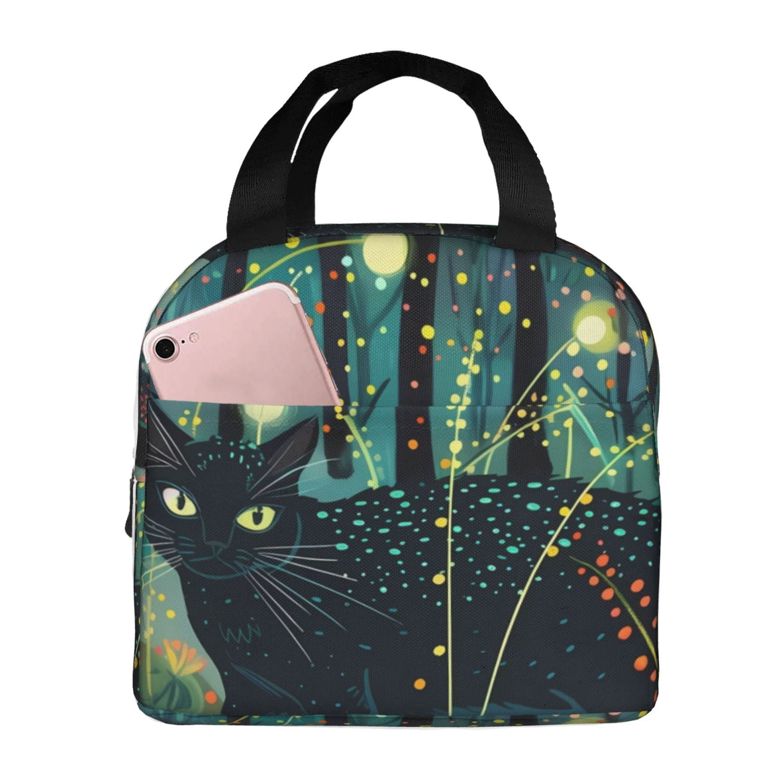Bingfone Mystical Black Cat Fireflies Print Lunch Bag Insulated Lunch ...