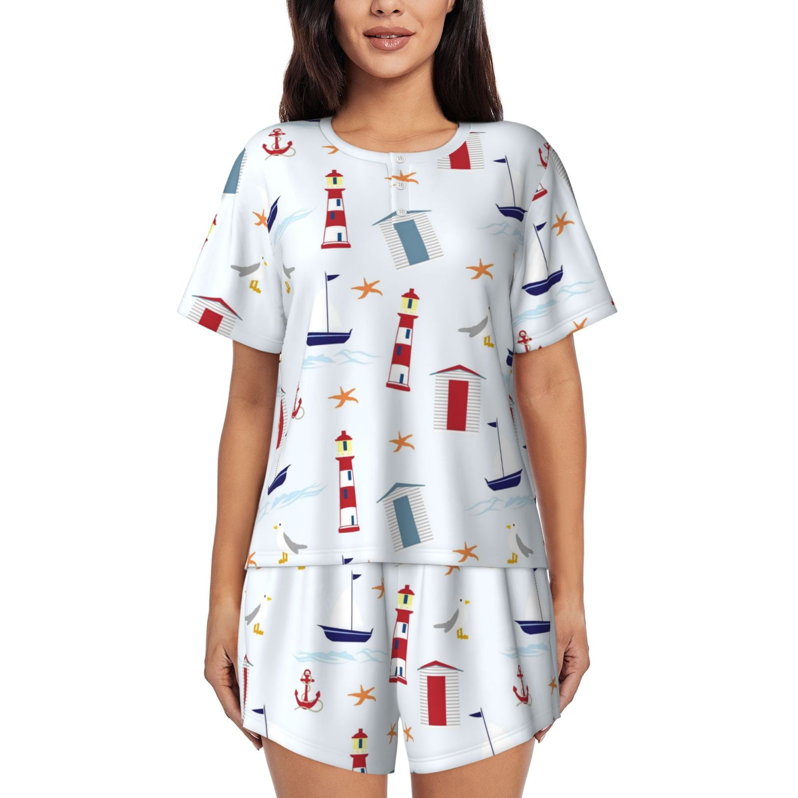 Bingfone Nautical Lighthouse Sailboat Print Pajamas Sets for Women Soft ...