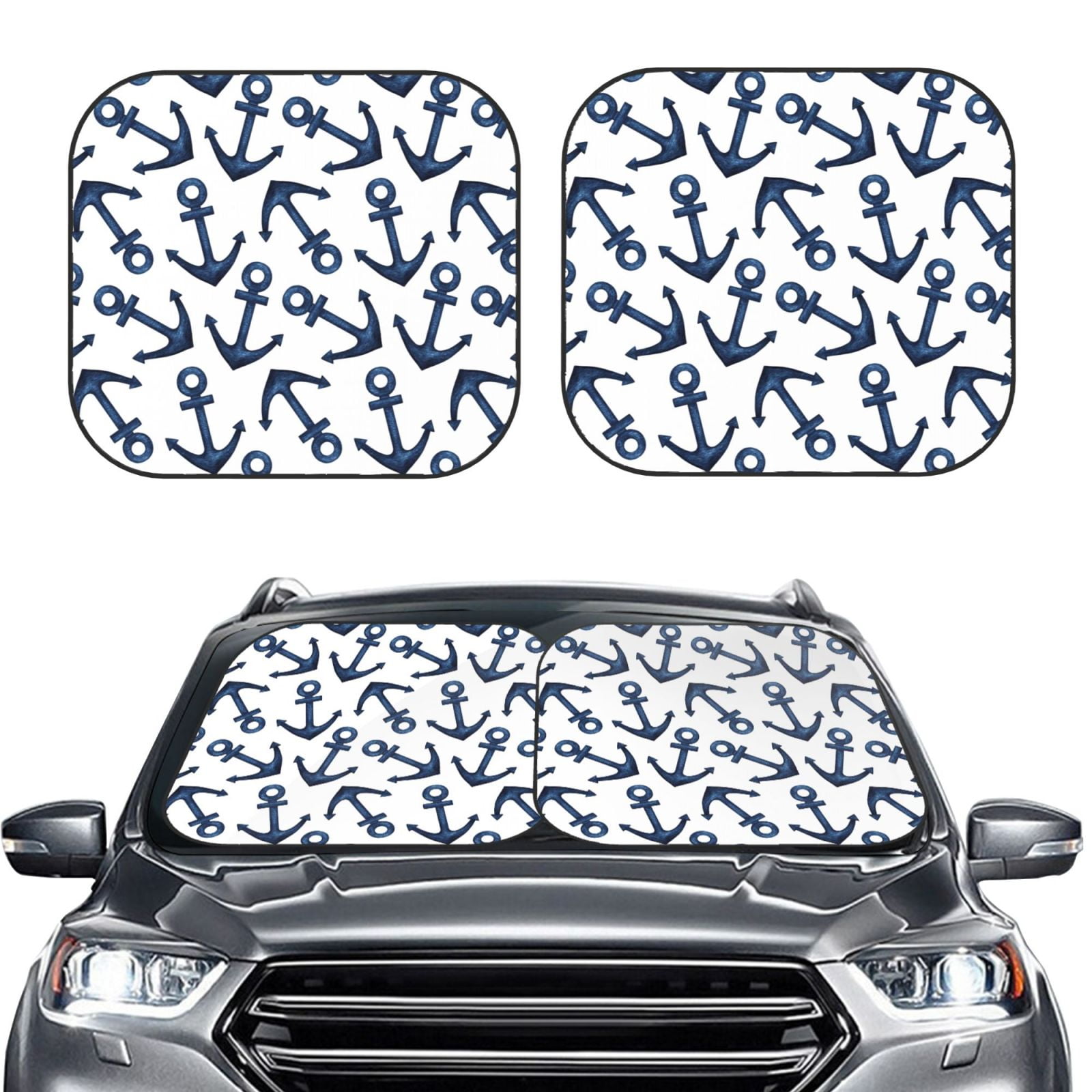 Bingfone Navy Blue Anchor Windshield Sun Shade 2-Piece Foldable Car ...