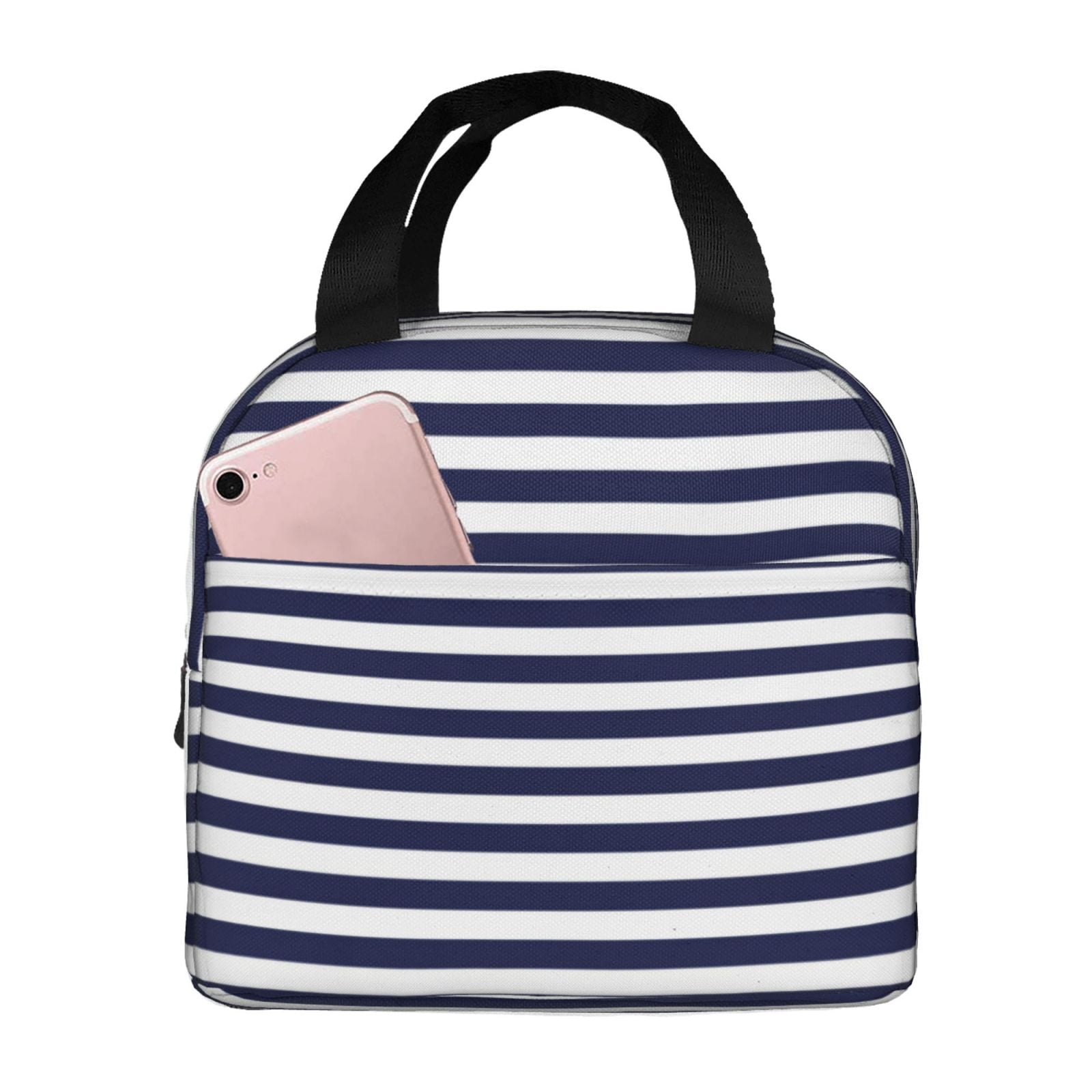 Bingfone Navy Blue And White Stripes Print Lunch Bag Insulated Lunch ...