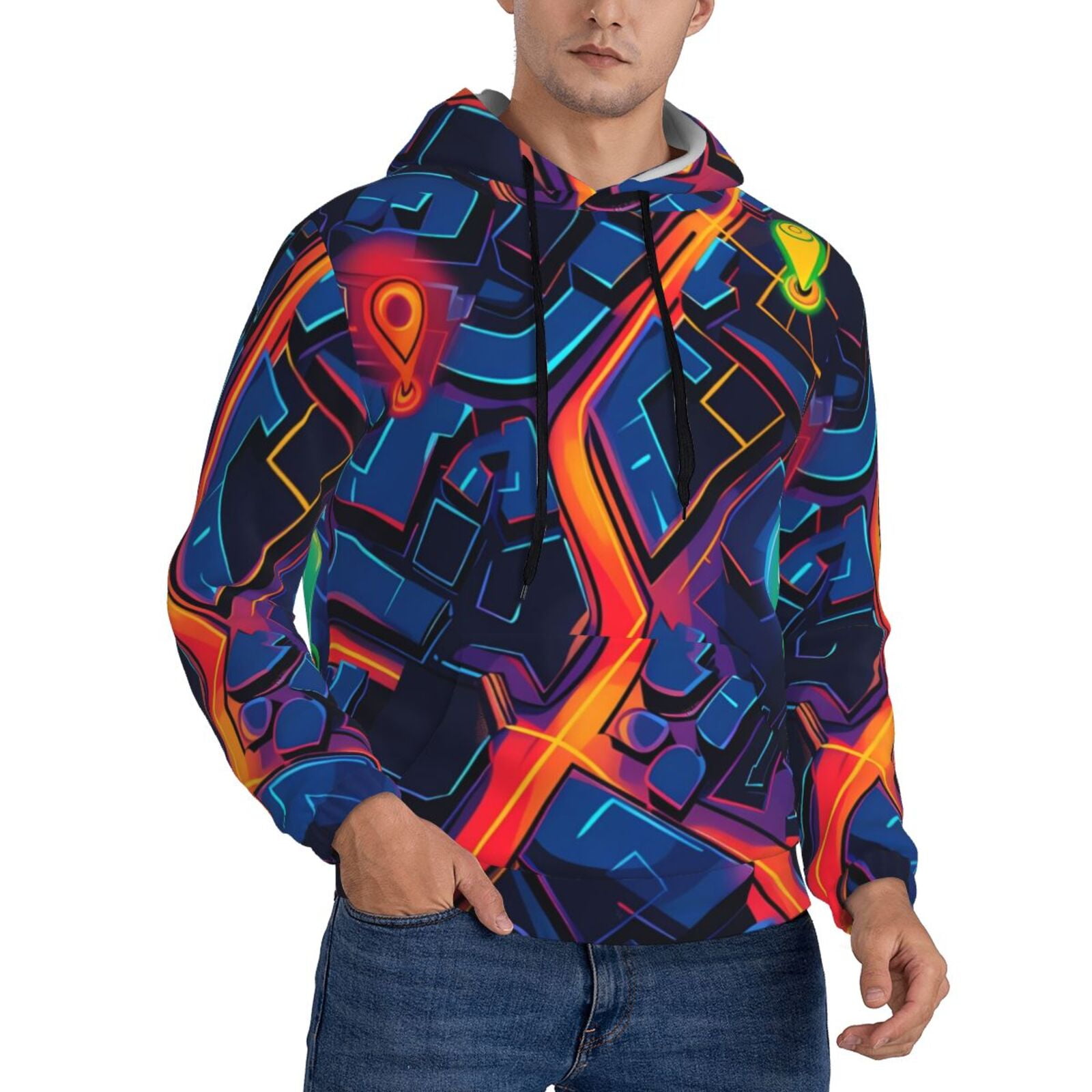 Bingfone Neon City Map Men's Drawstring Hoodie Long Sleeve Pocket ...