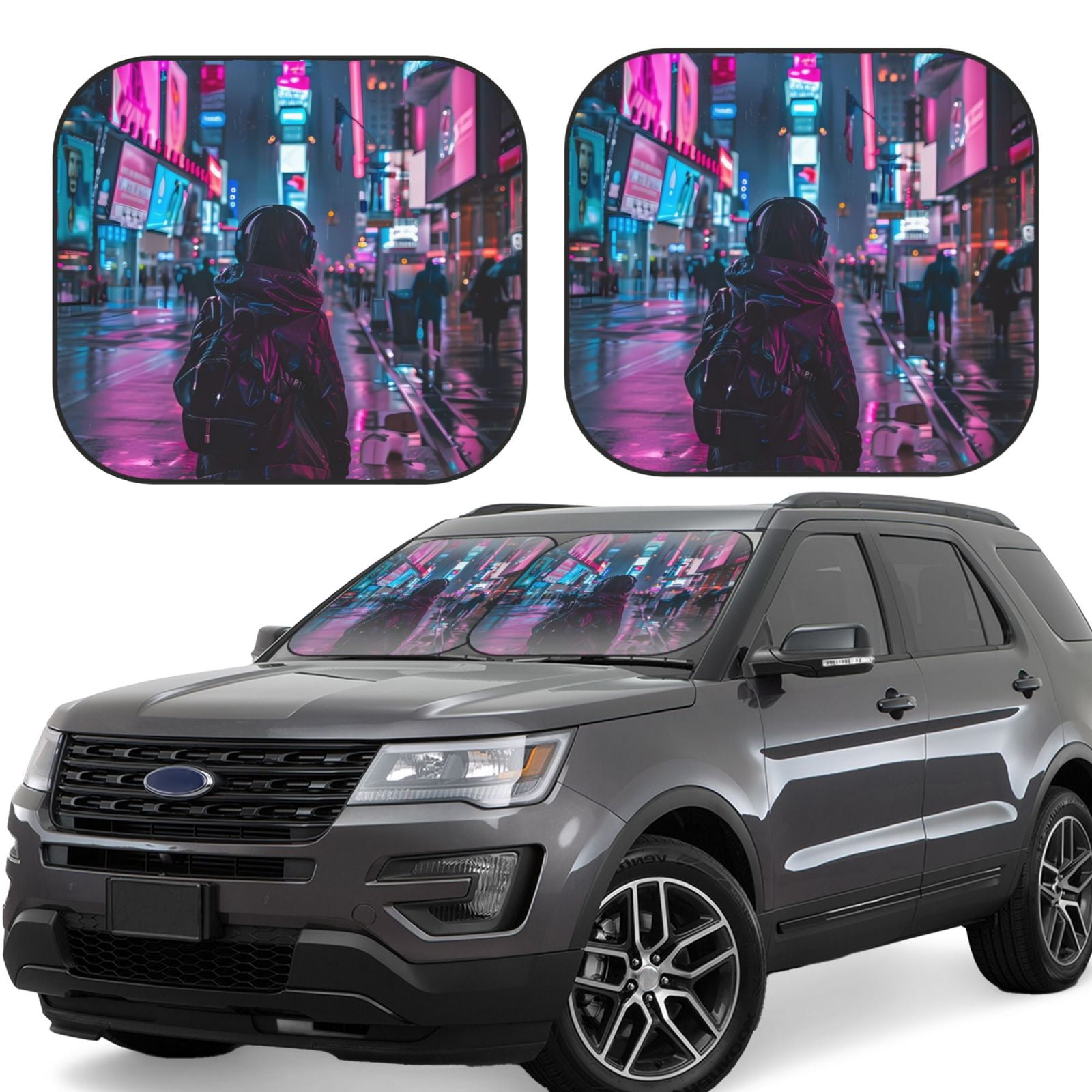 Bingfone Neon Night Cityscape Windshield Sun Shade 2-Piece Foldable Car ...