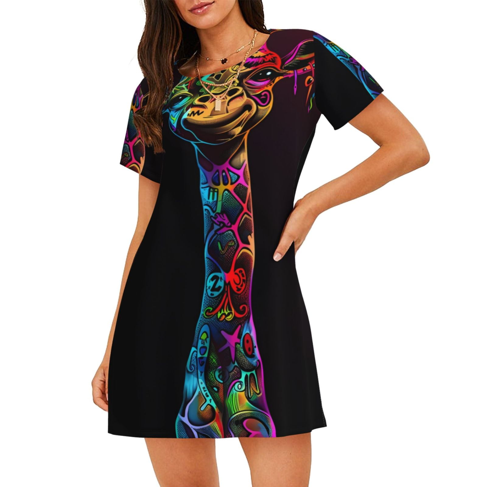 Bingfone Neon Psychedelic Giraffe Nightgowns for Women Sleep Shirts ...