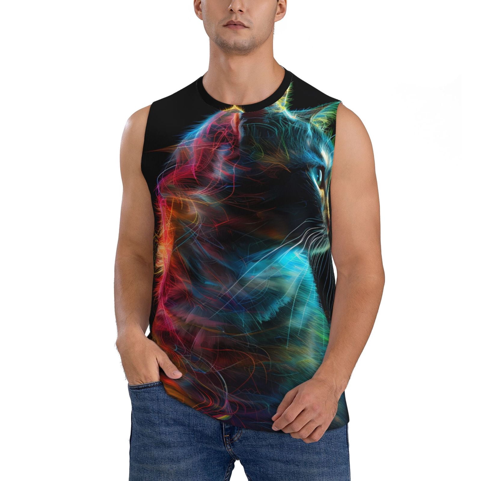 Bingfone Neon Spectrum Cat Portrait Pattern Men's Tank Tops Workout ...