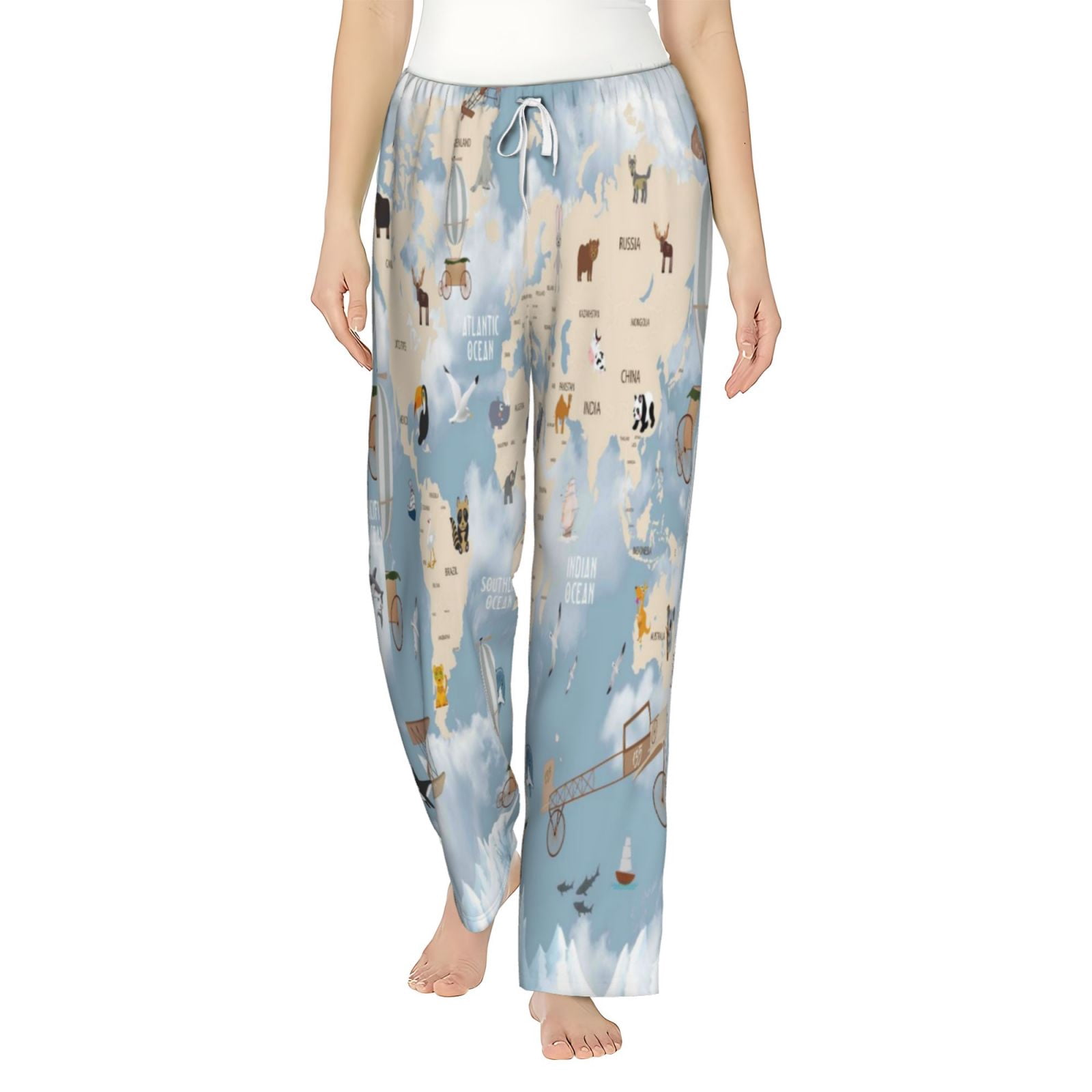 Bingfone Pajamas For Women,Animals Travel World Map Pajama Pants With ...