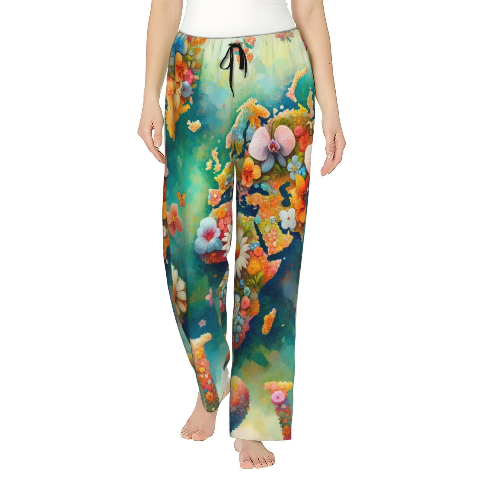 Bingfone Pajamas for Women,Colorful World Map Pajama Pants with Pockets ...